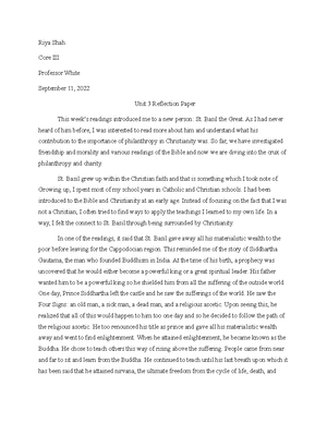 Unit 7 Reflection Paper - Riya Shah Core III Professor White October 12 ...