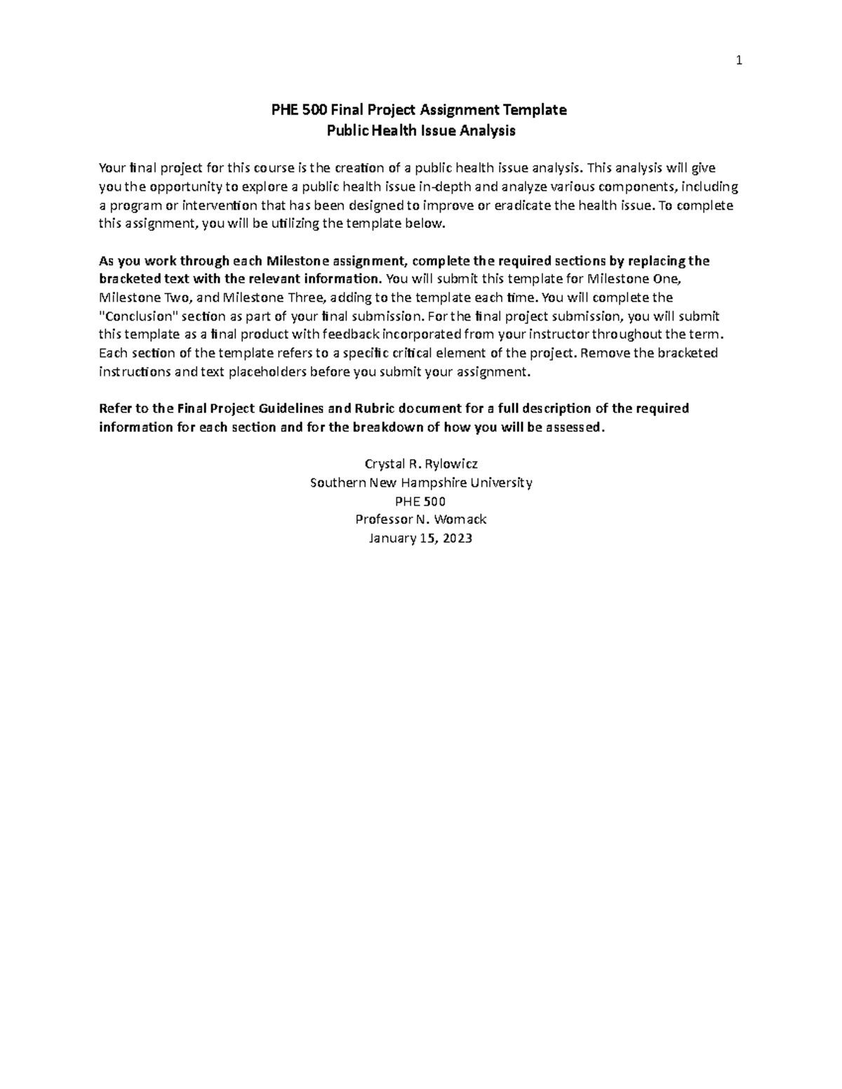 PHE 500 Final Project 1 1 2 2 - PHE 500 Final Project Assignment ...