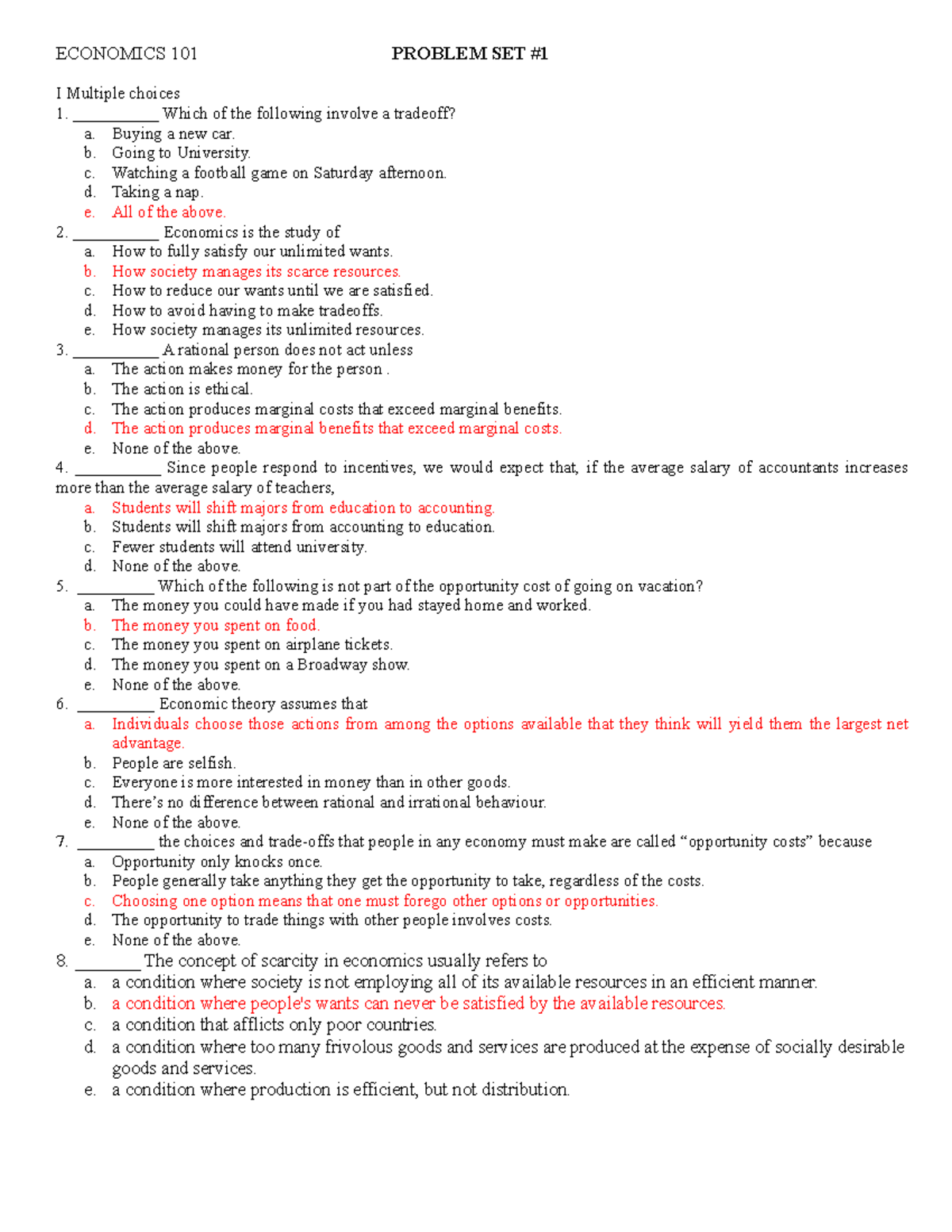 Practice #1 ans - Problem set 1 answer key - ECONOMICS 101 PROBLEM SET I Multiple choices ...