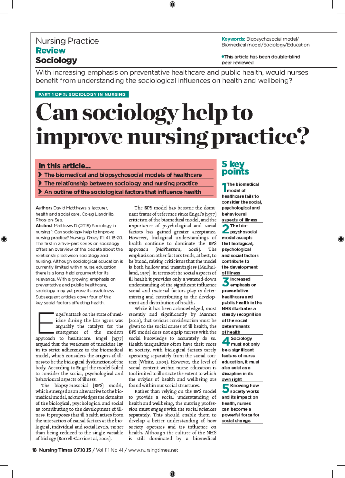 Matthews 2015 Sociology and Nursing Practice - SOCI 200 - LU - Studocu