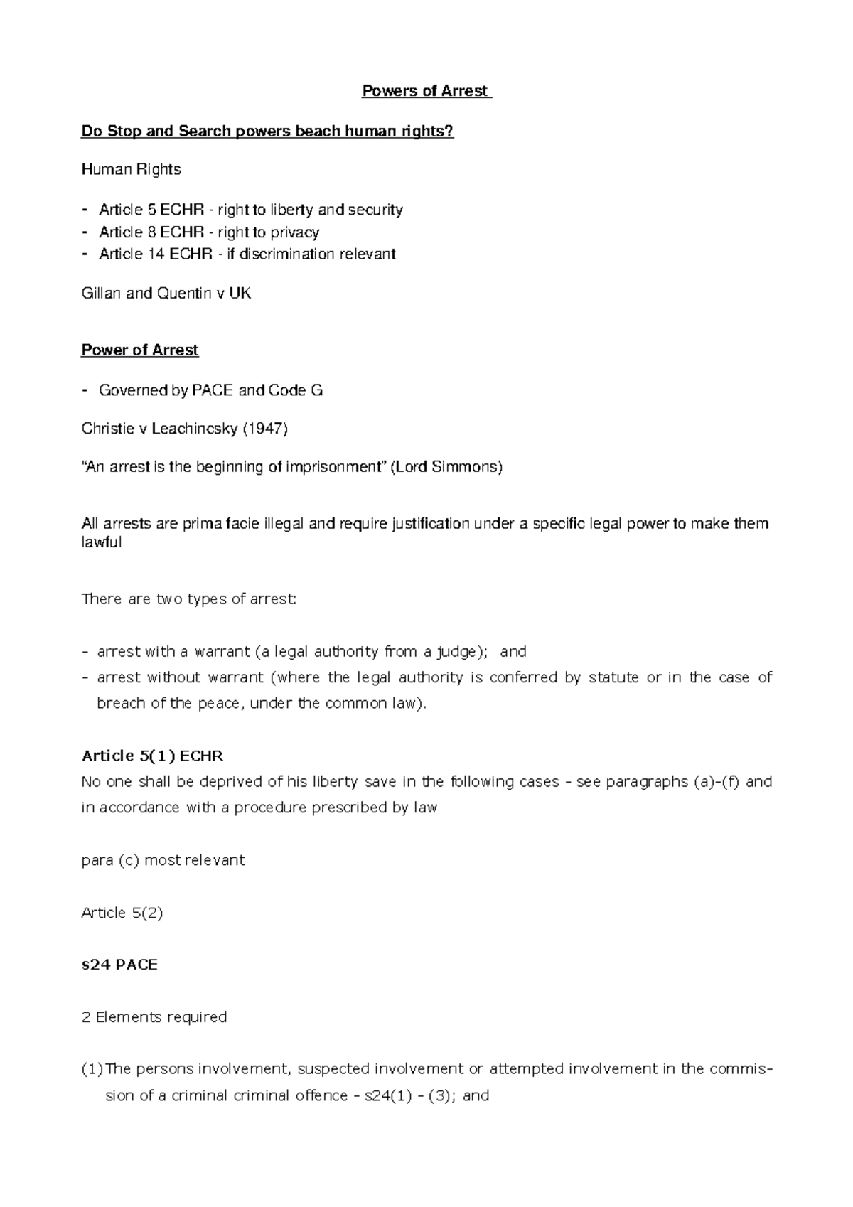 Powers of Arrest - Lecture notes 1 - Powers of Arrest Do Stop and ...