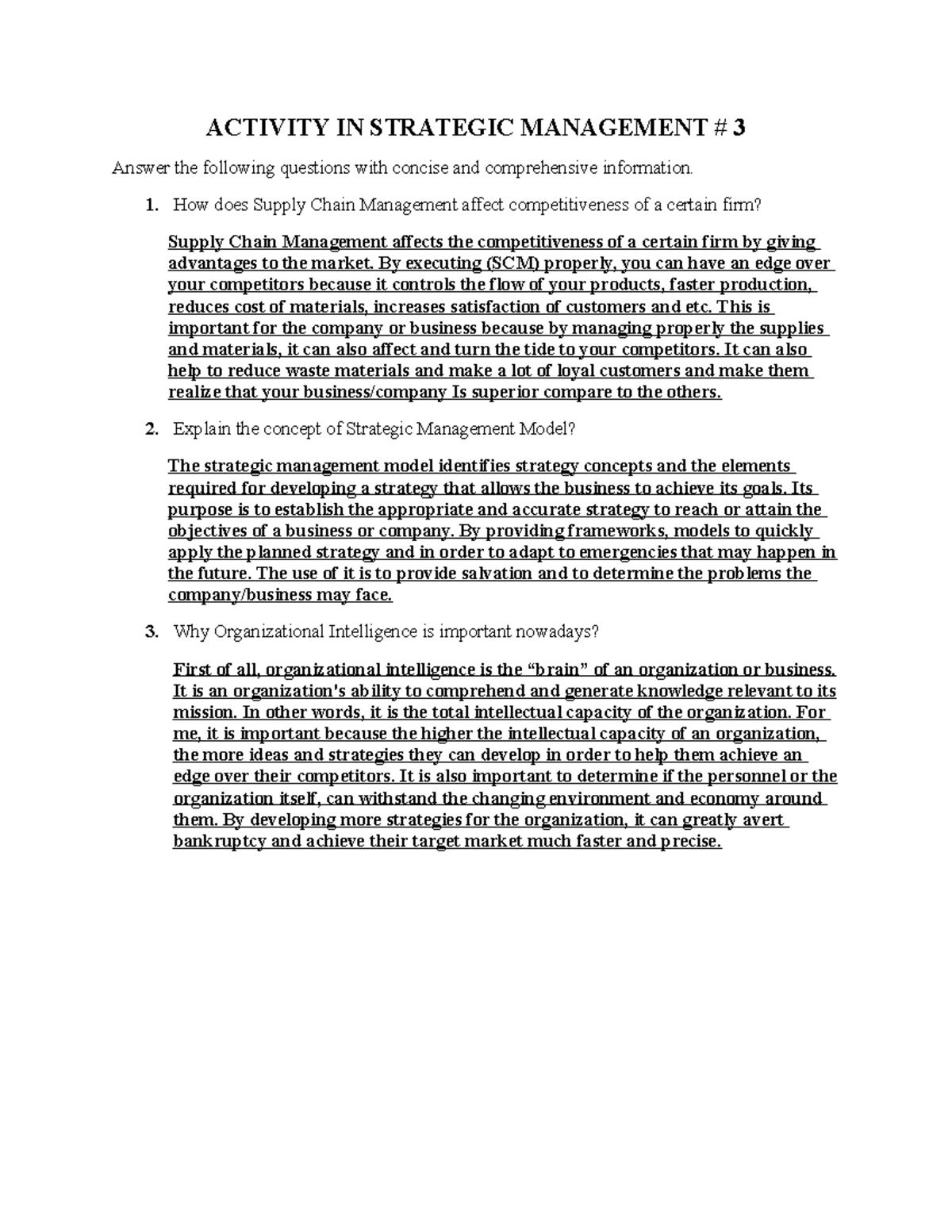 Activity IN Strategic Management - ACTIVITY IN STRATEGIC MANAGEMENT # 3 ...