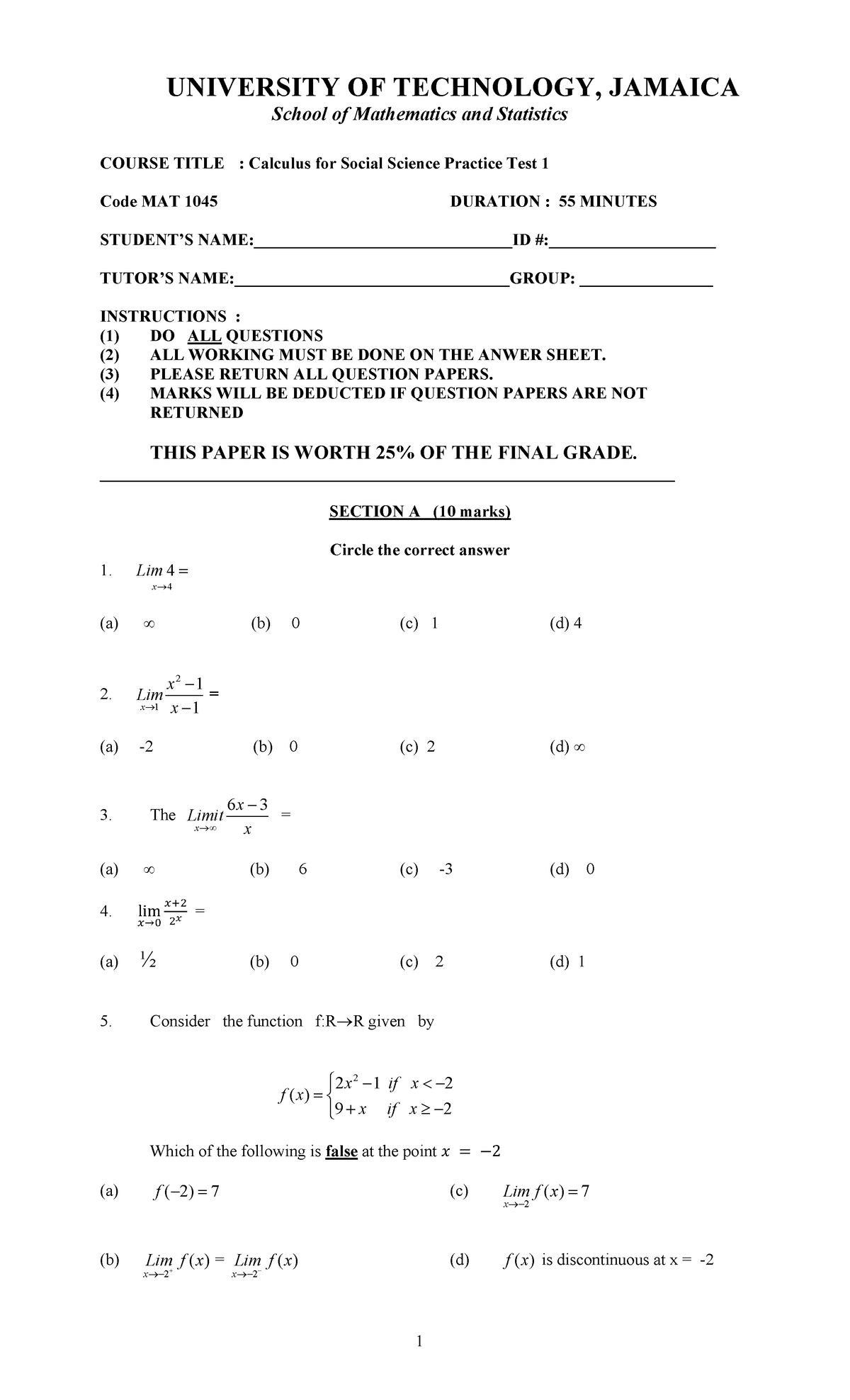 2023 Calculus for Social Science Practice Test 1 - (3) PLEASE RETURN ...