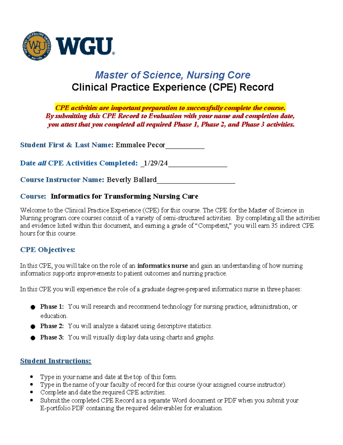 CPE Record (3) D029 - Master of Science, Nursing Core Clinical Practice ...