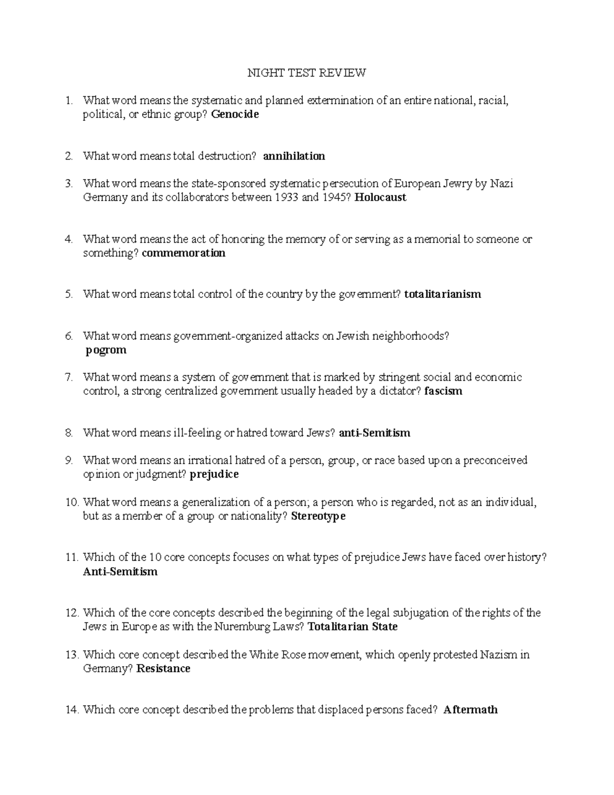 Night Semester Final Review-1 - NIGHT TEST REVIEW What word means the ...