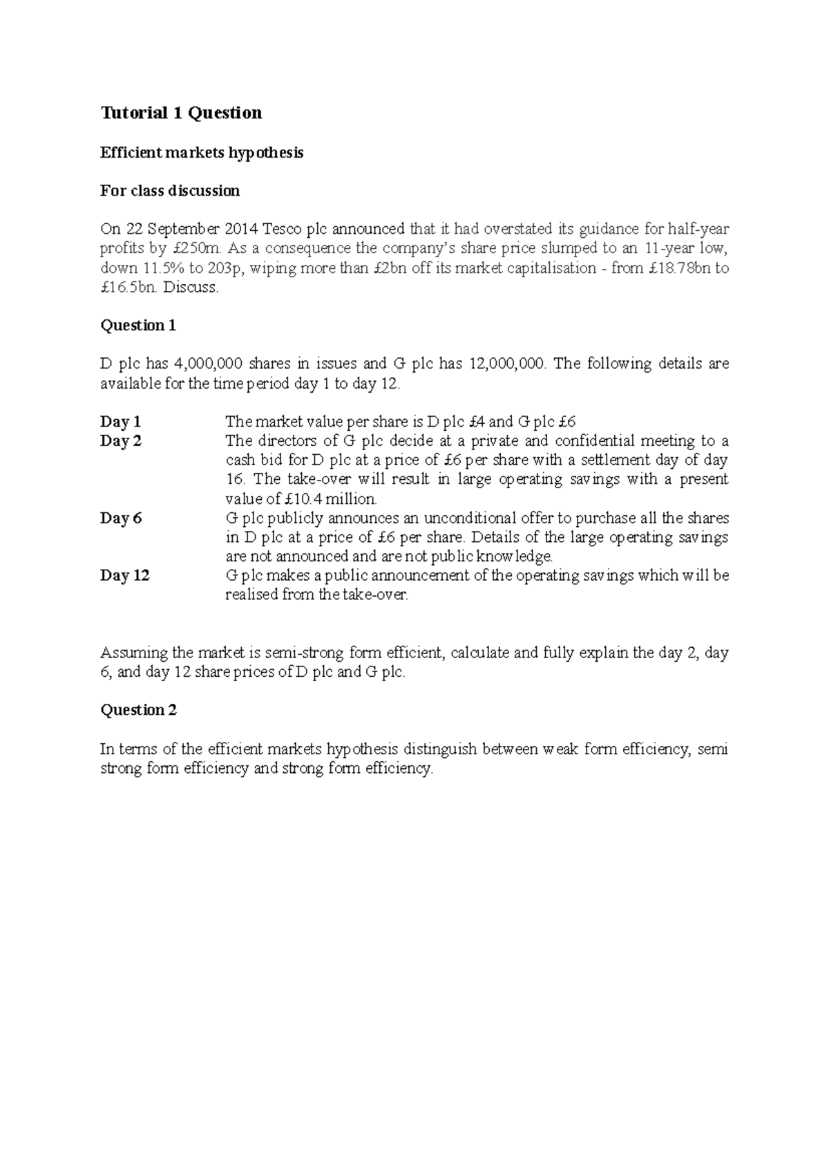 Tutorial+1+Question - n/a - Tutorial 1 Question Efficient markets ...