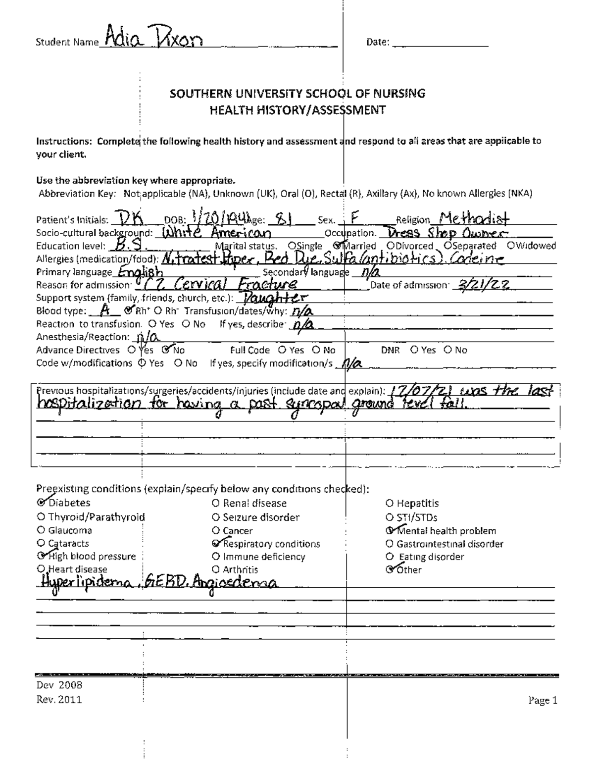 Health History Incomplete but Good Example - Student Name Adia Dixon ...