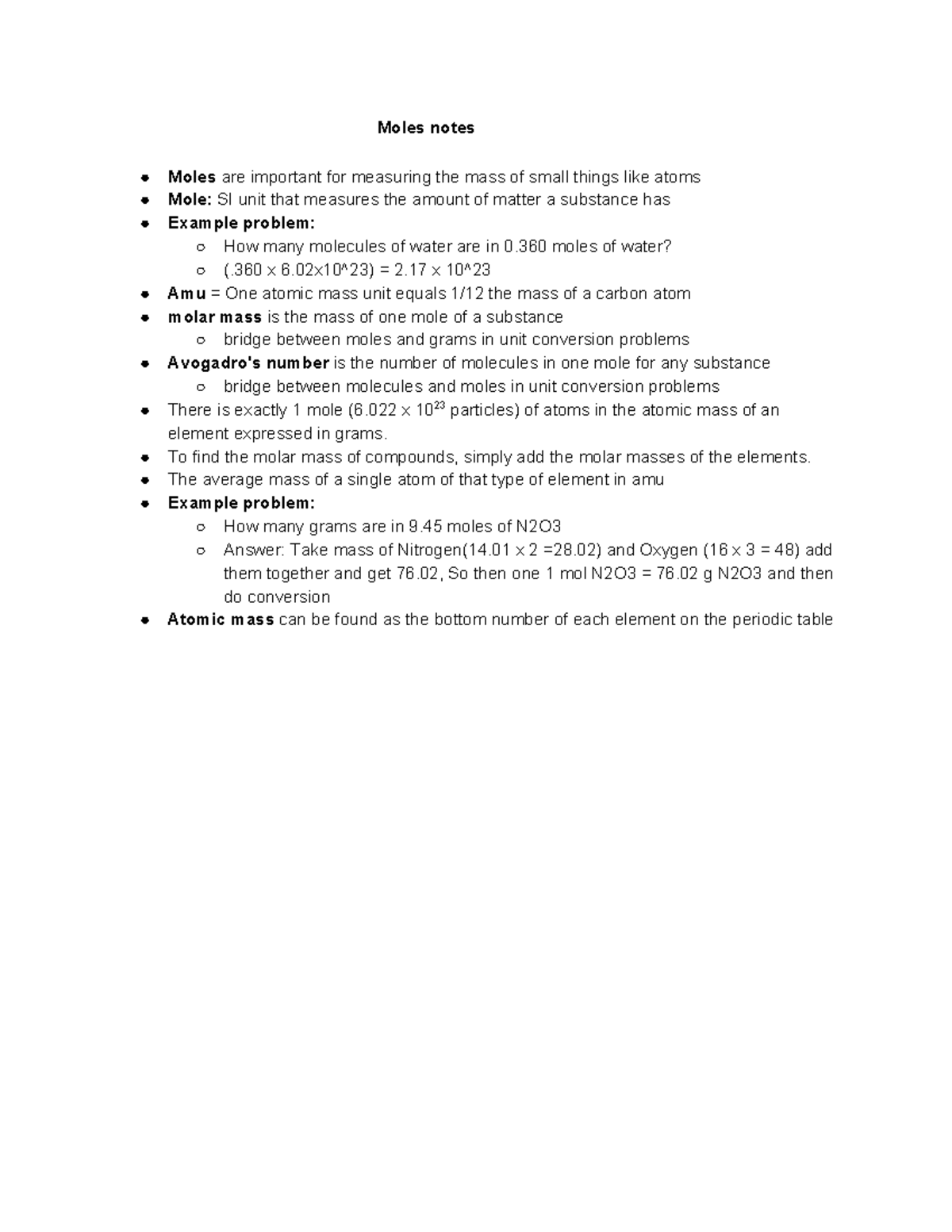 Moles notes - Moles notes Moles are important for measuring the mass of ...