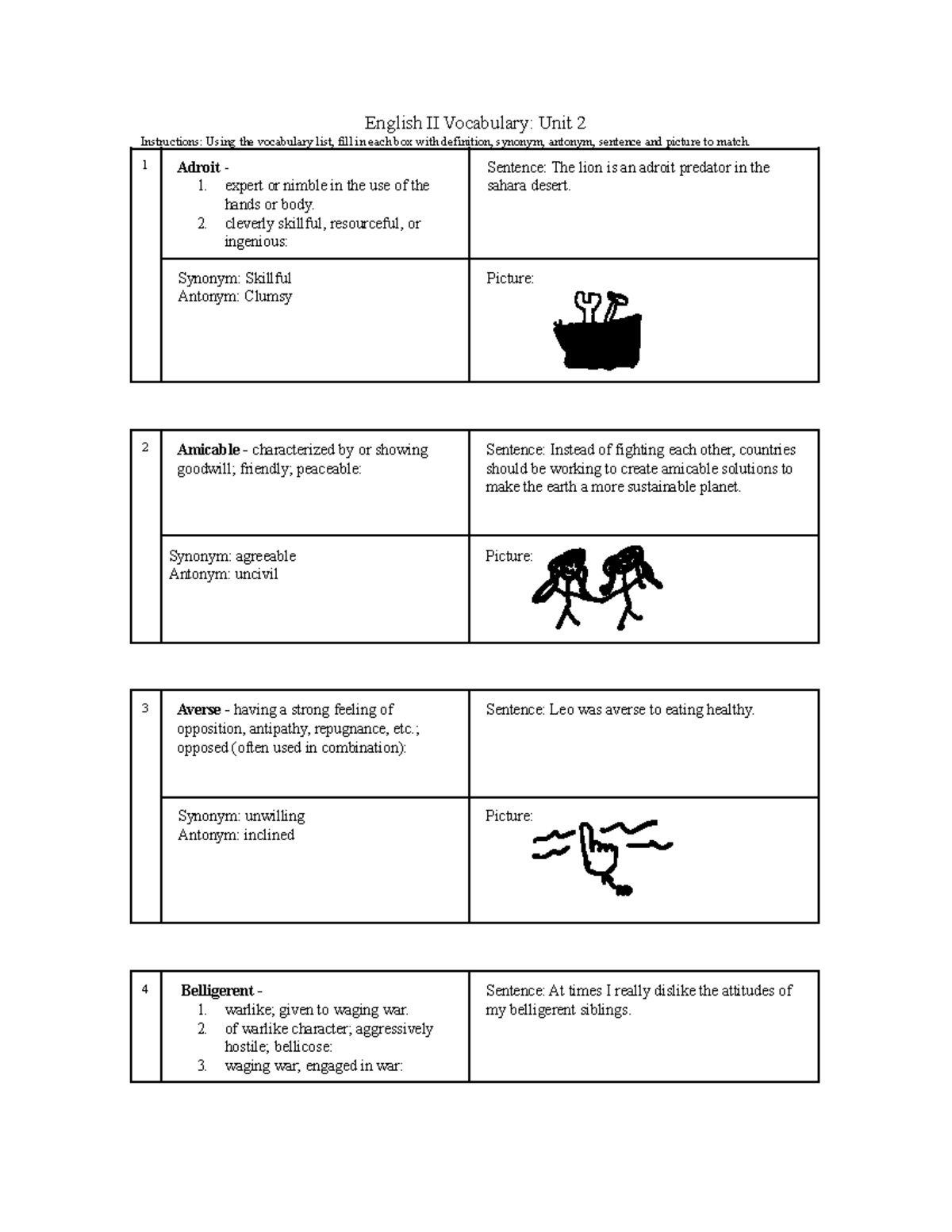 Vocabulary Squares Unit 2 - English II Vocabulary: Unit 2 Instructions ...