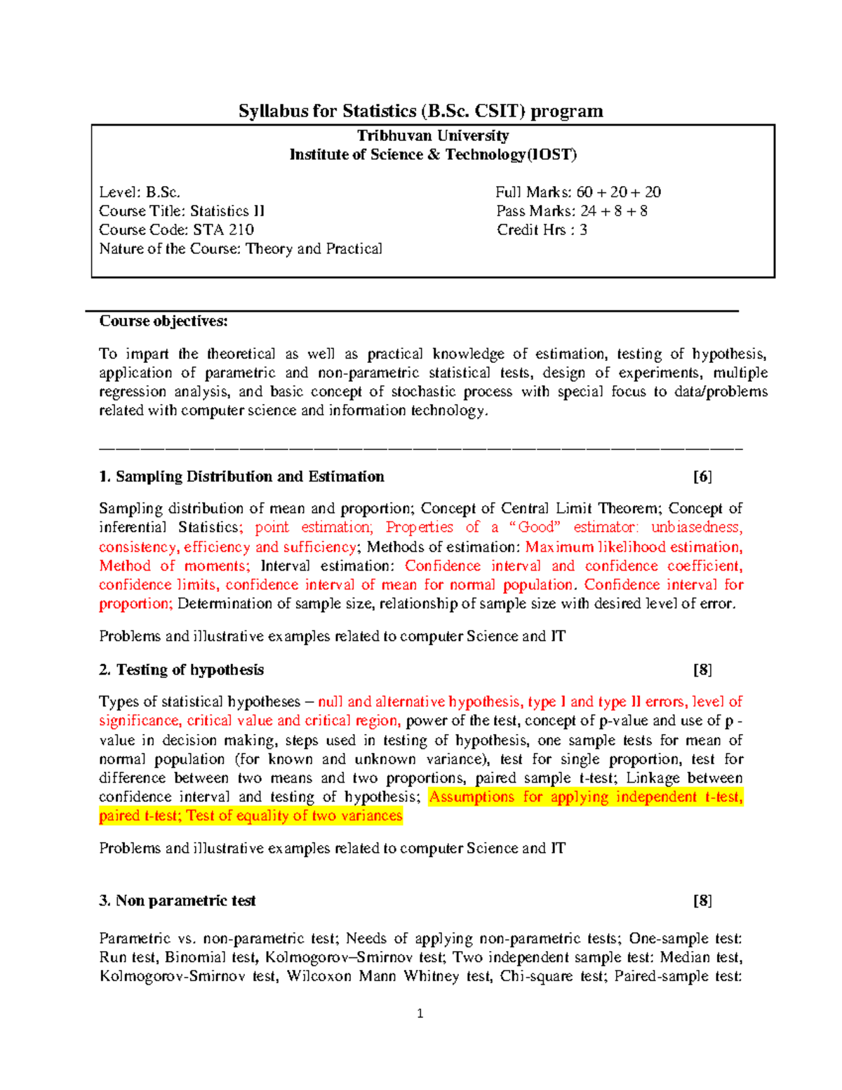 Statistics II (STA210) - Syllabus for Statistics (B. CSIT) program ...