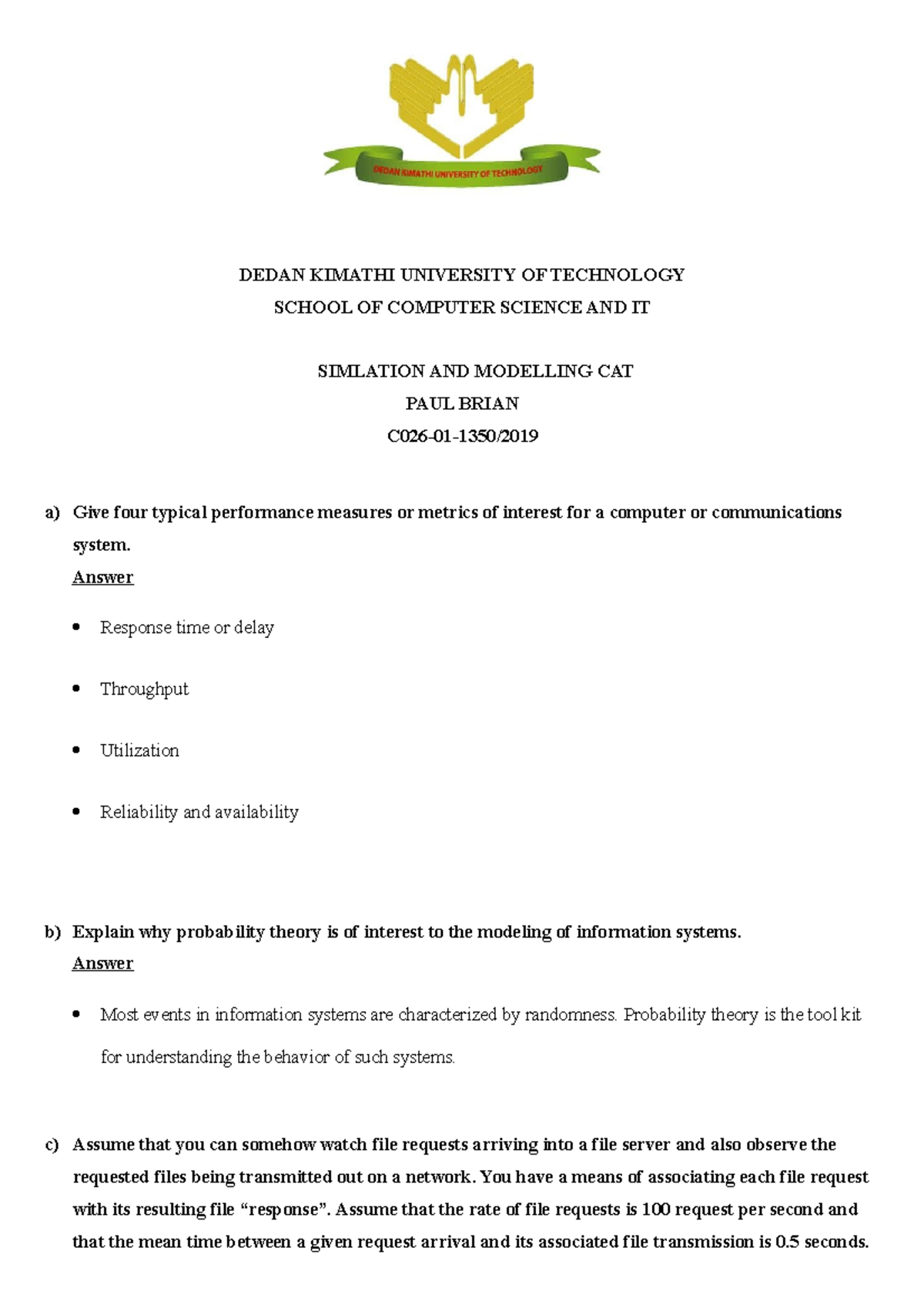 Simulation And Modelling Cat Dedan Kimathi University Of Technology School Of Computer Science