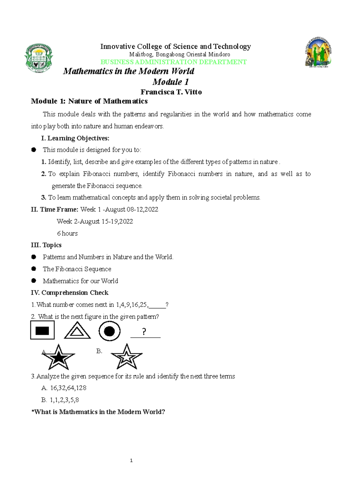 Mathematics in the modern world module 1 2022 2023 - Innovative College ...