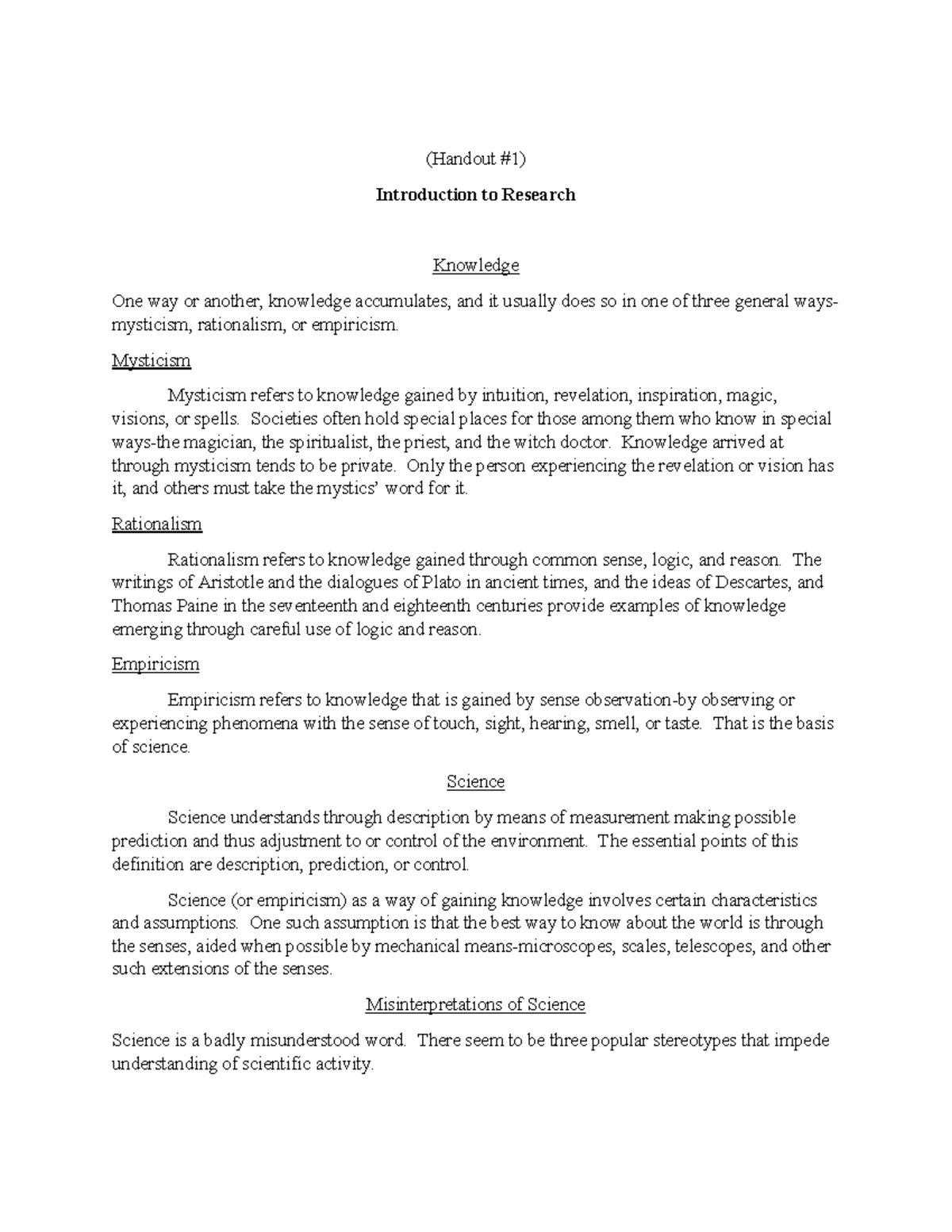 Module 1 - Handout 1 - Introduction to Research - (Handout #1 ...