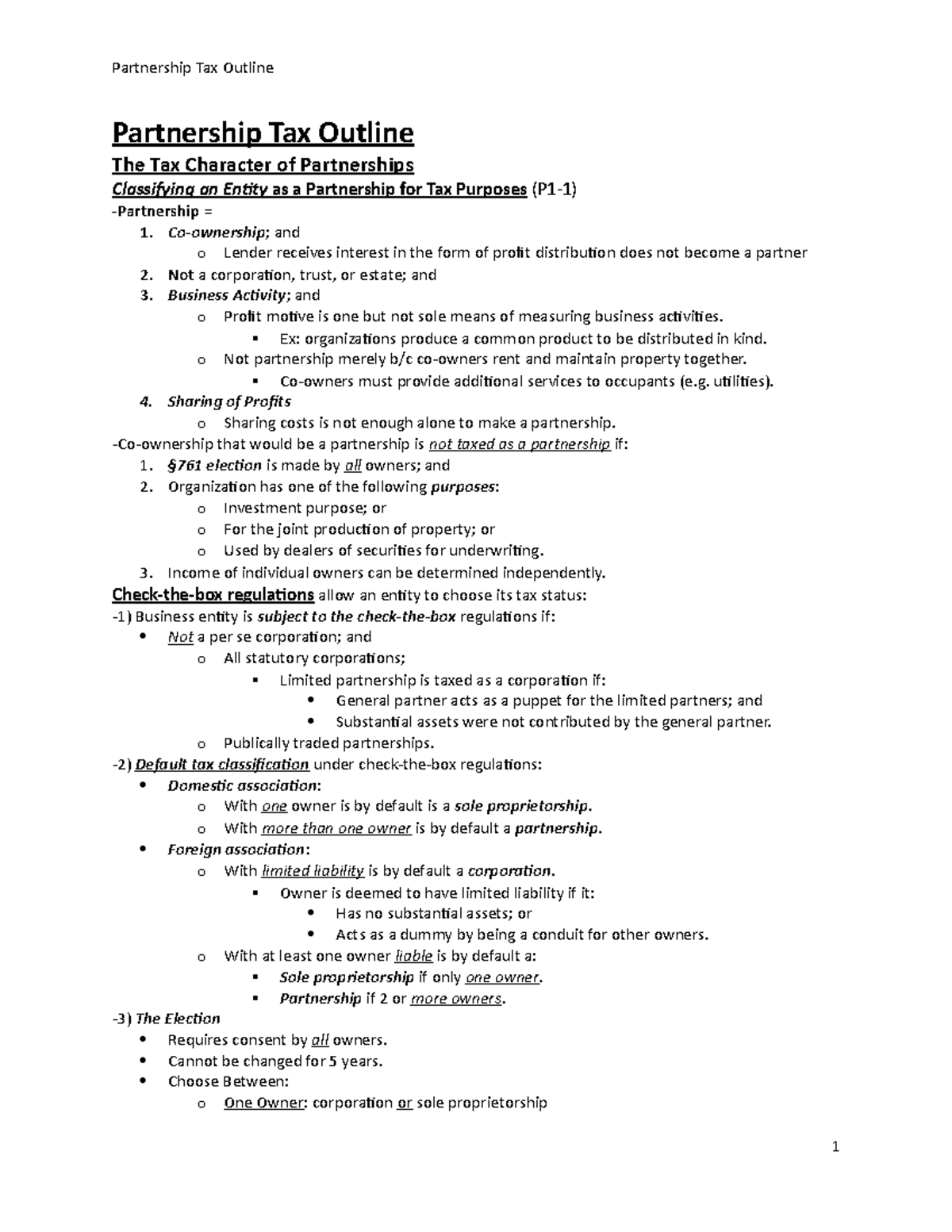 ZS Partnership Tax Outline - Partnership Tax Outline The Tax Character ...
