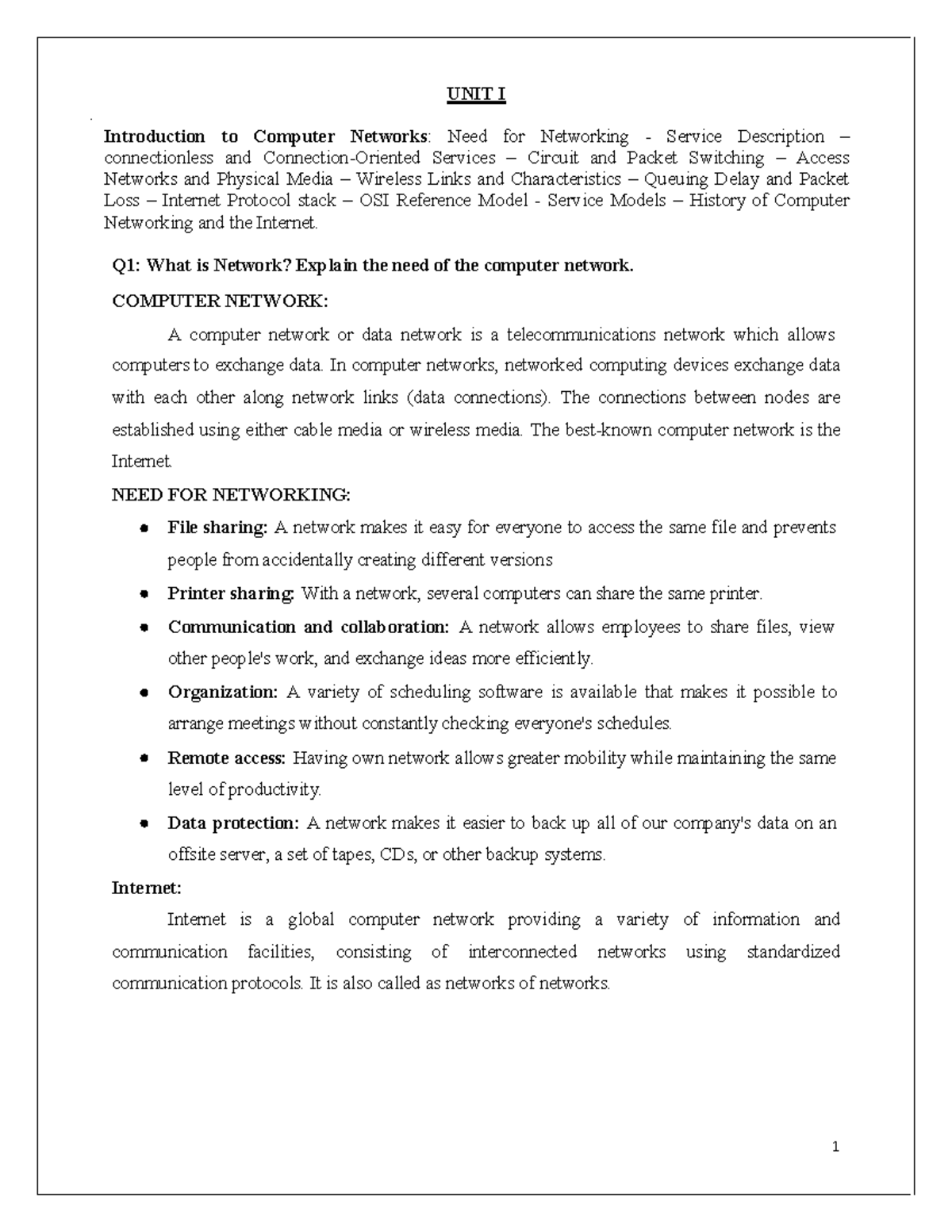 Cn U1 Introduction To Computer Networks Unit I Introduction To Computer Networks Need For