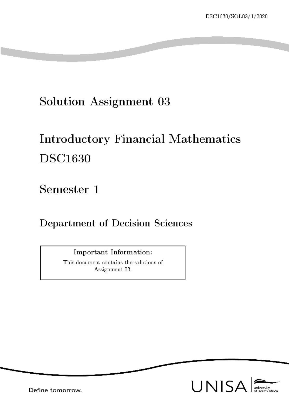 DSC1630 2020 TL SOL3 1 E - Solution for Assignment 3 - Solution Assignment 03 Introductory ...
