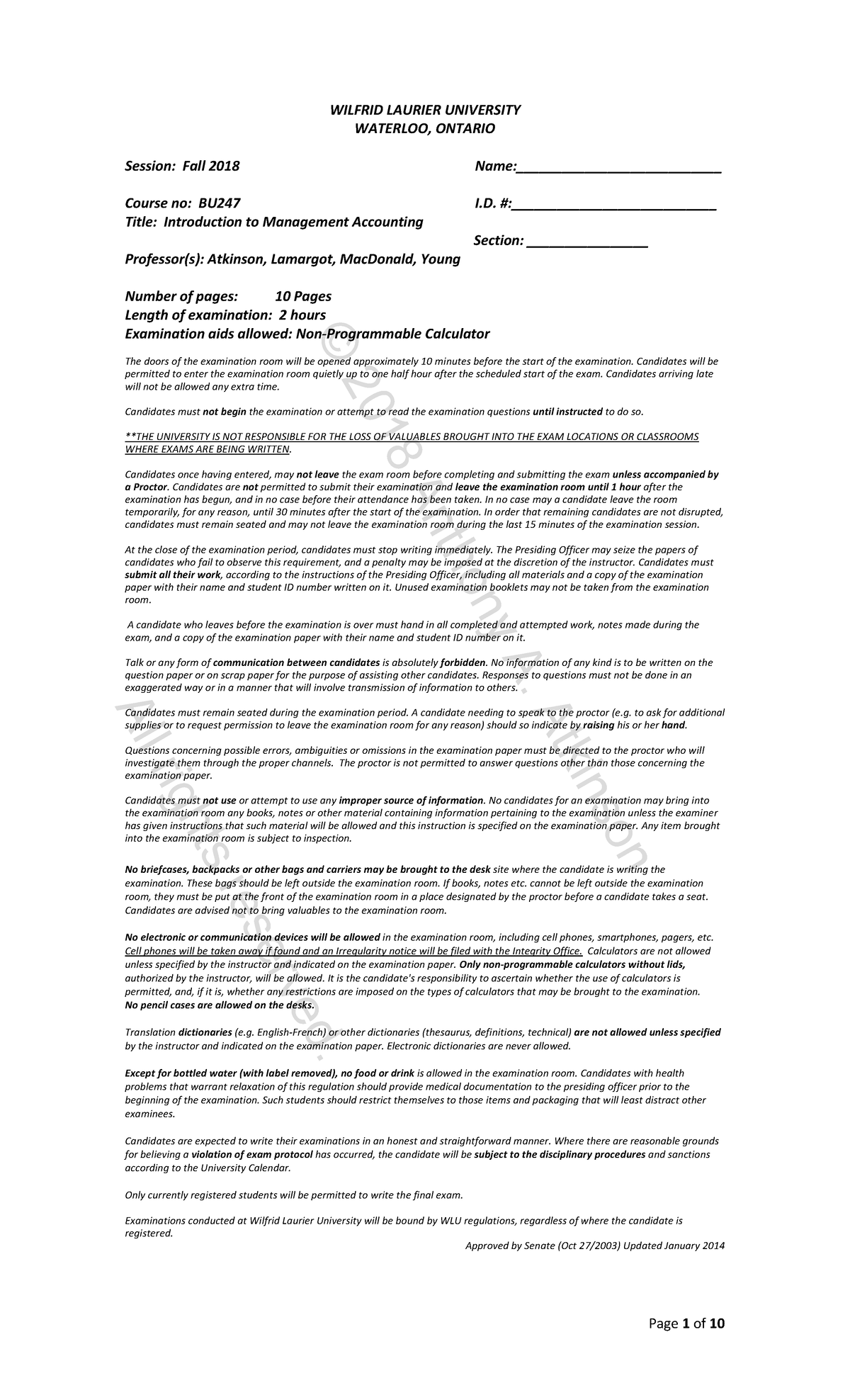 BU247 Fall 2018 Practice Final Examination - WILFRID LAURIER UNIVERSITY ...