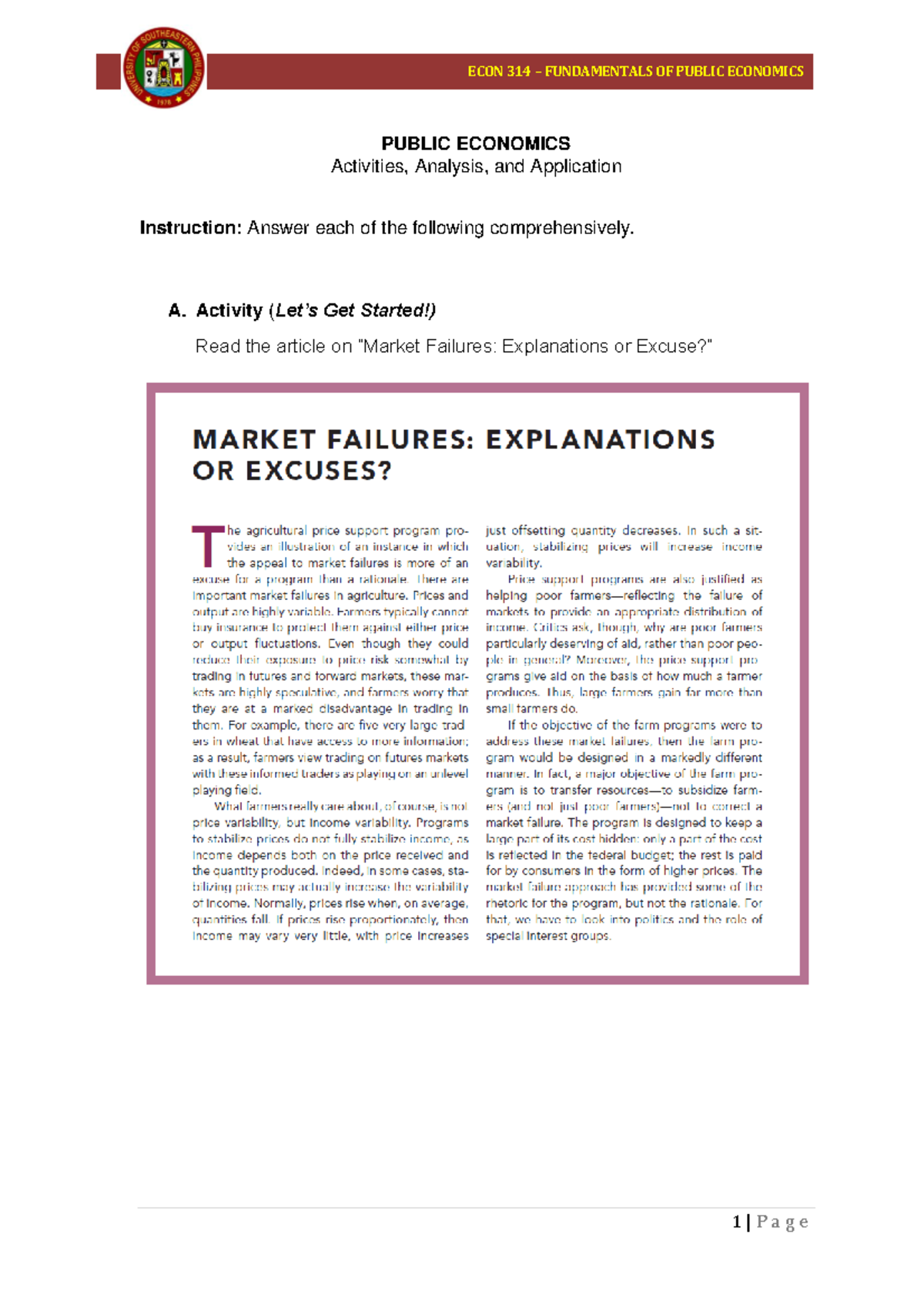 What are the sources of Market Failure - ECON 314 – FUNDAMENTALS OF ...