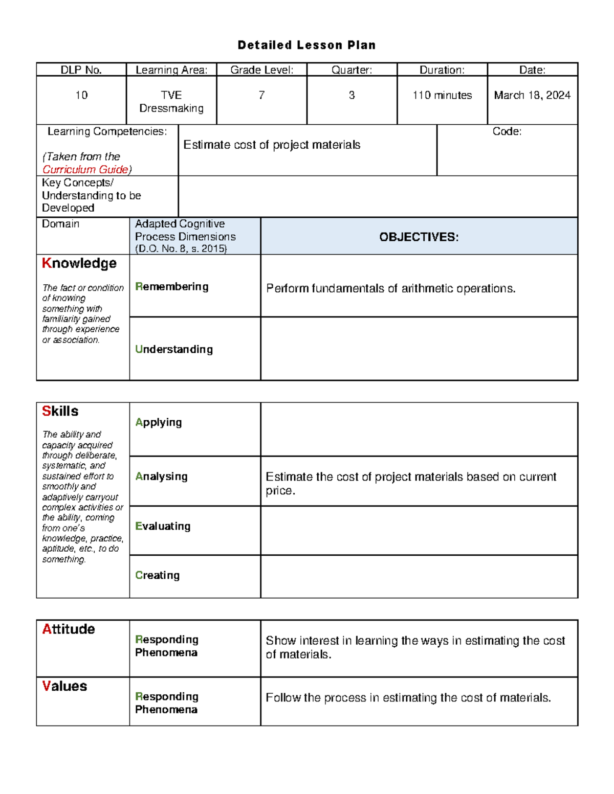 Estimate Appropriate Quantities - Detailed Lesson Plan DLP No. Learning ...
