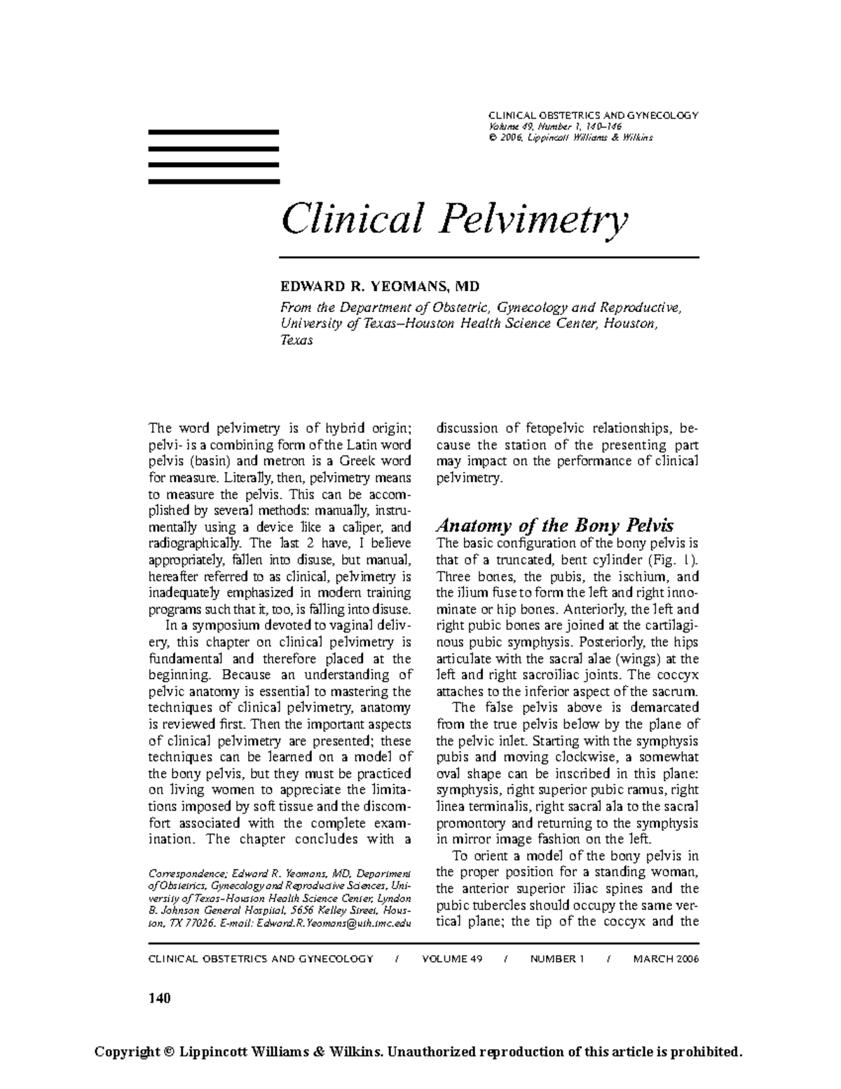 Pelvimetria clinica 2006 - Clinical Pelvimetry EDWARD R. YEOMANS, MD ...