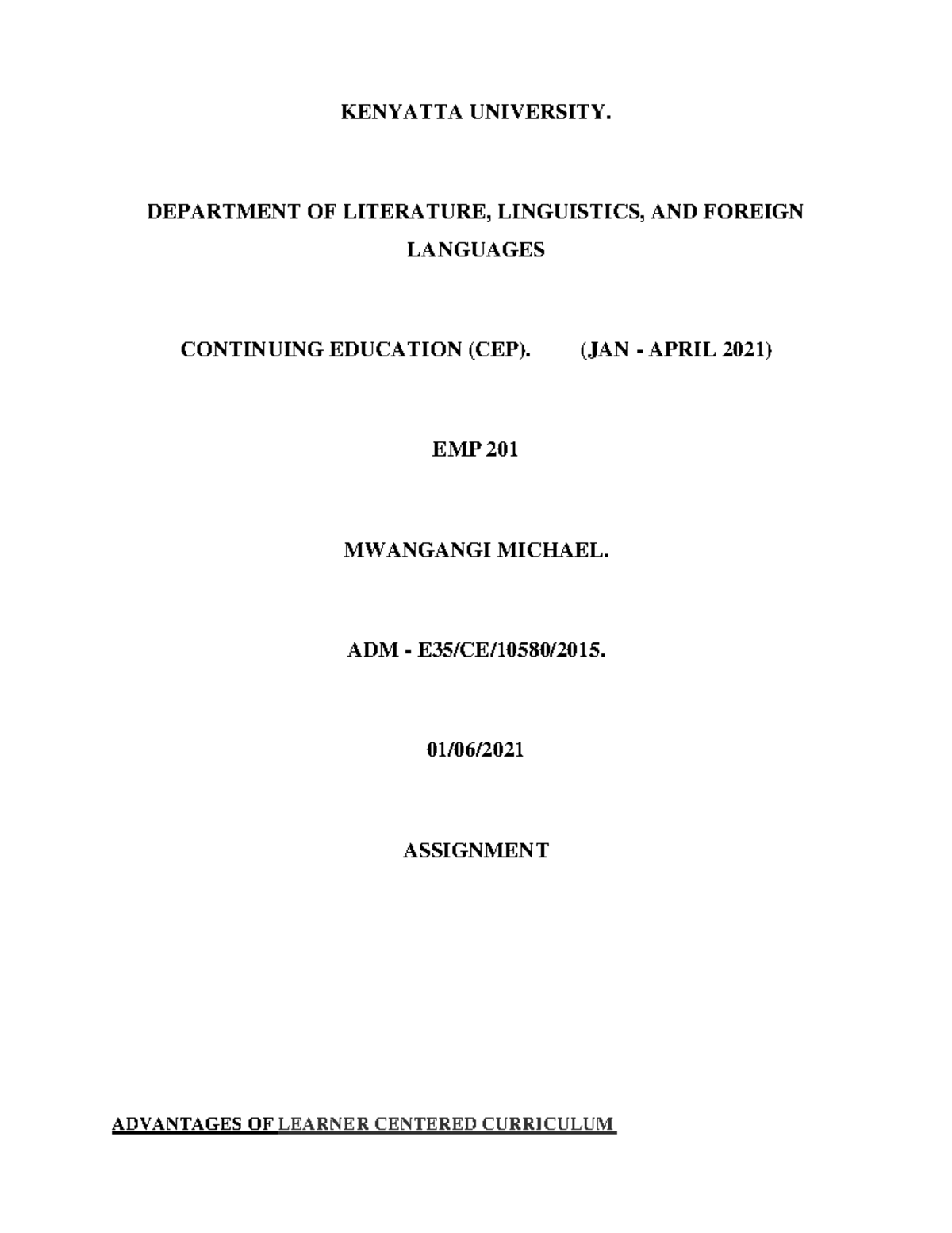 EMP 201 - Grade: 3 - KENYATTA UNIVERSITY. DEPARTMENT OF LITERATURE ...