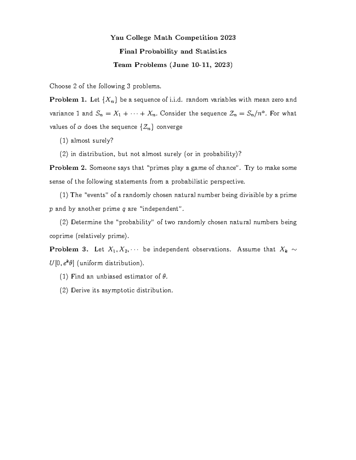 2023 Final Team (Prob Stat) - Yau College Math Competition 2023 Final ...