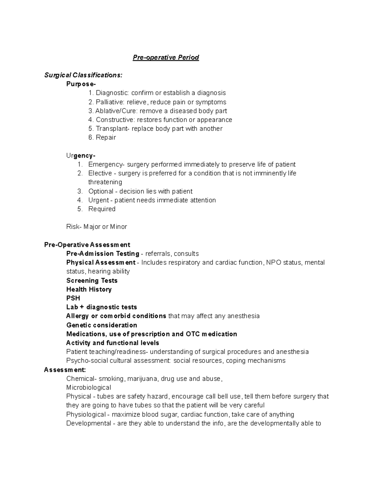 Med-Surg Peri-Op - Med Surg Exam 1 - Pre-operative Period Surgical ...