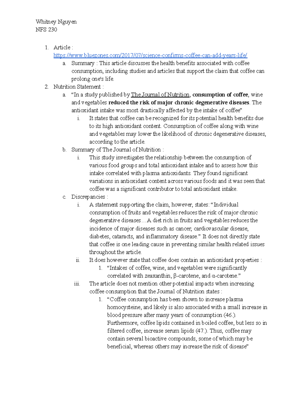NFS 230 Outline - Whitney Nguyen NFS 230 1. Article : - Studocu