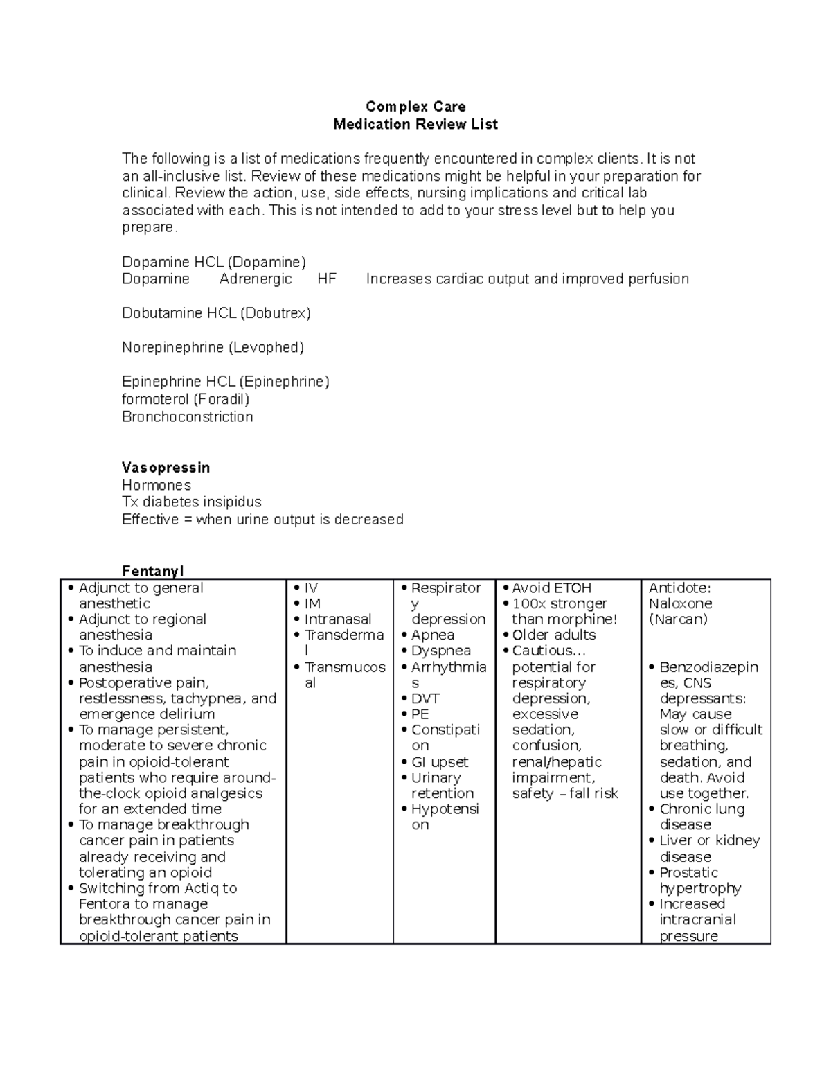 Drug Prep List for critical care - Complex Care Medication Review List ...