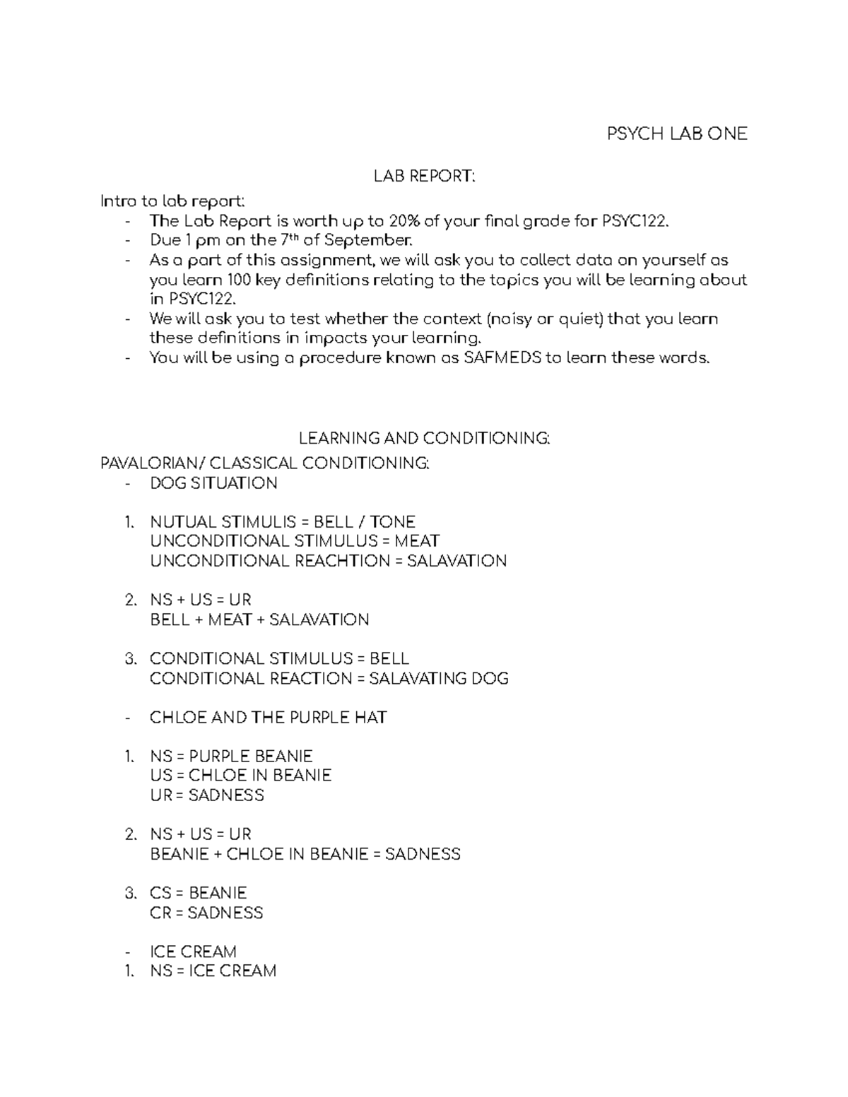 Psych LAB 1 - notes 2021 - PSYCH LAB ONE LAB REPORT: Intro to lab ...