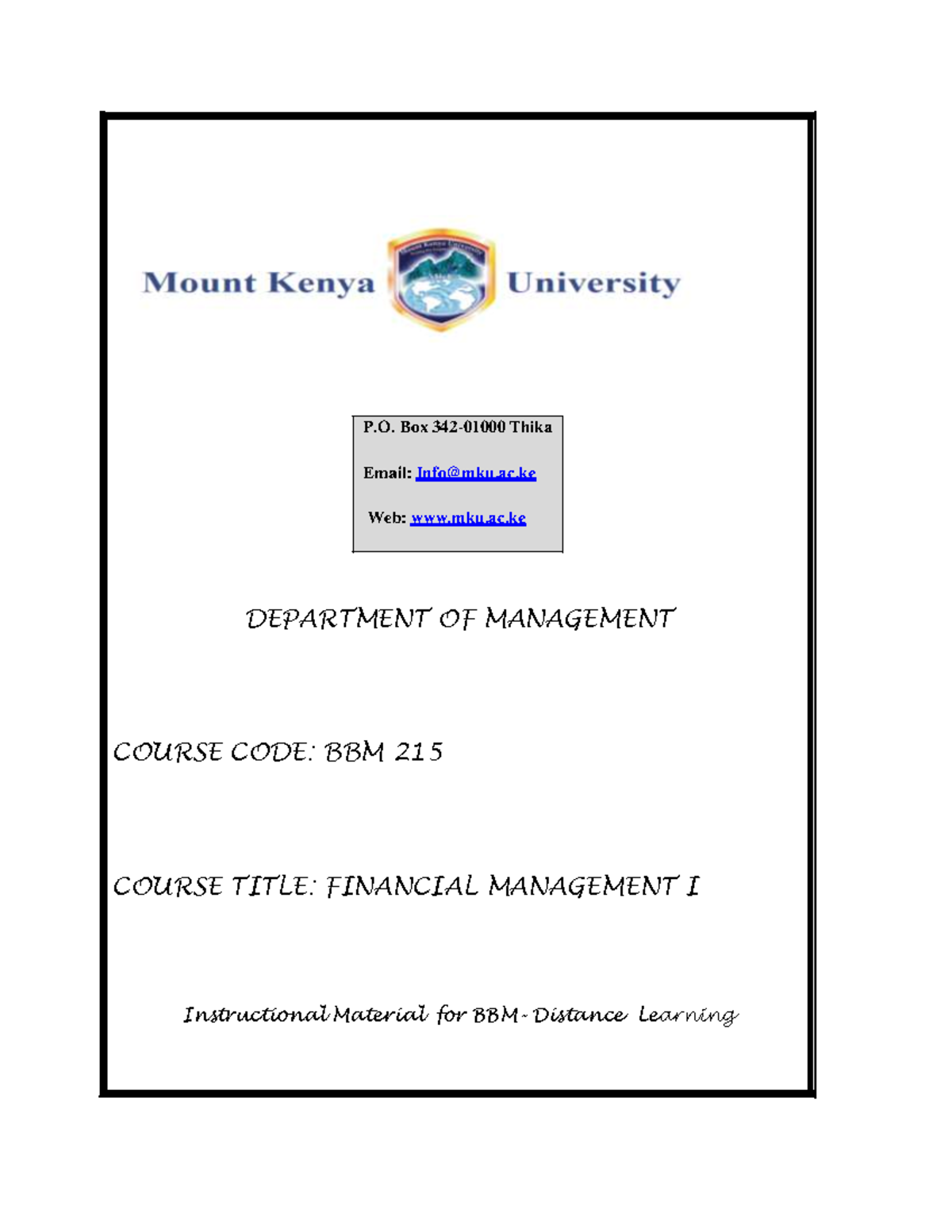 BBM 215 Financial Management I -1-1.pdf - P. Box 342-01000 Thika Email: Info@mku.ac Web: mku.ac ...