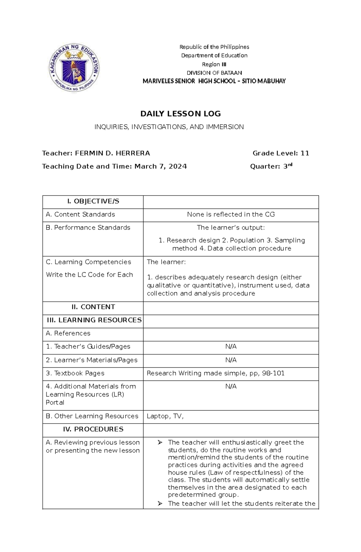 DLL Third Quarter PANG RPMS PR1 - Republic of the Philippines ...