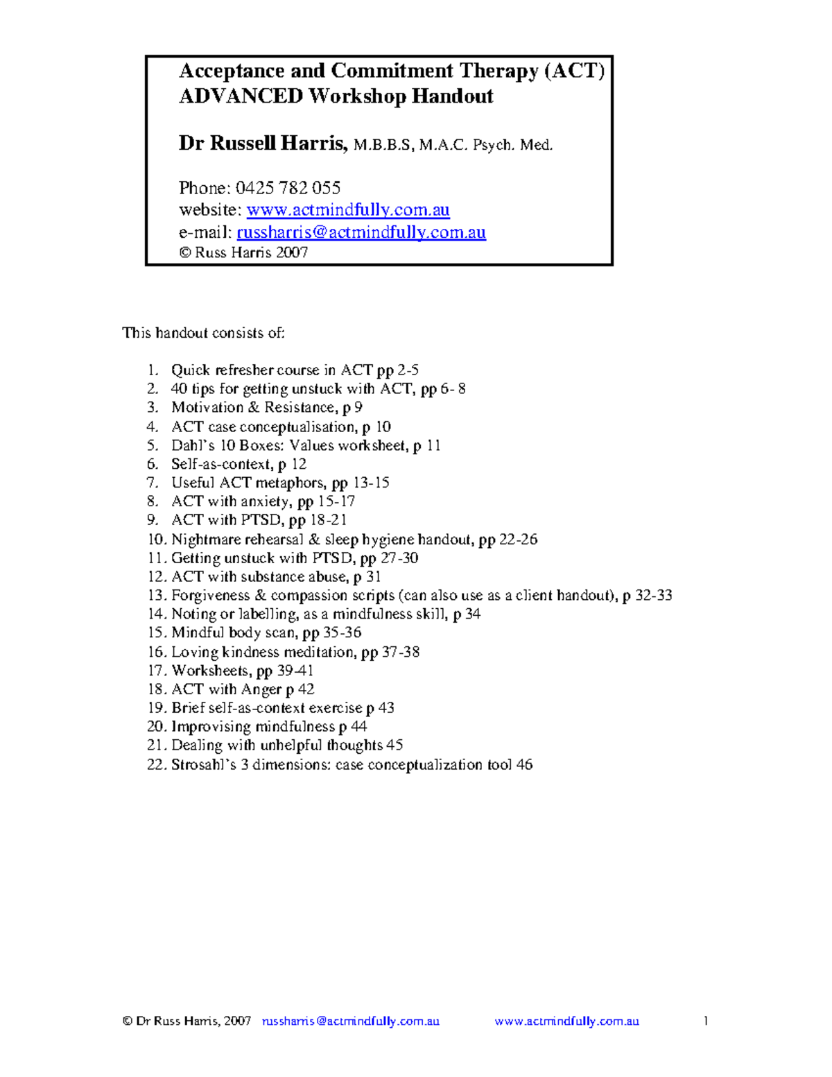 2007 - Advanced ACT Workshop Handout - Acceptance and Commitment ...