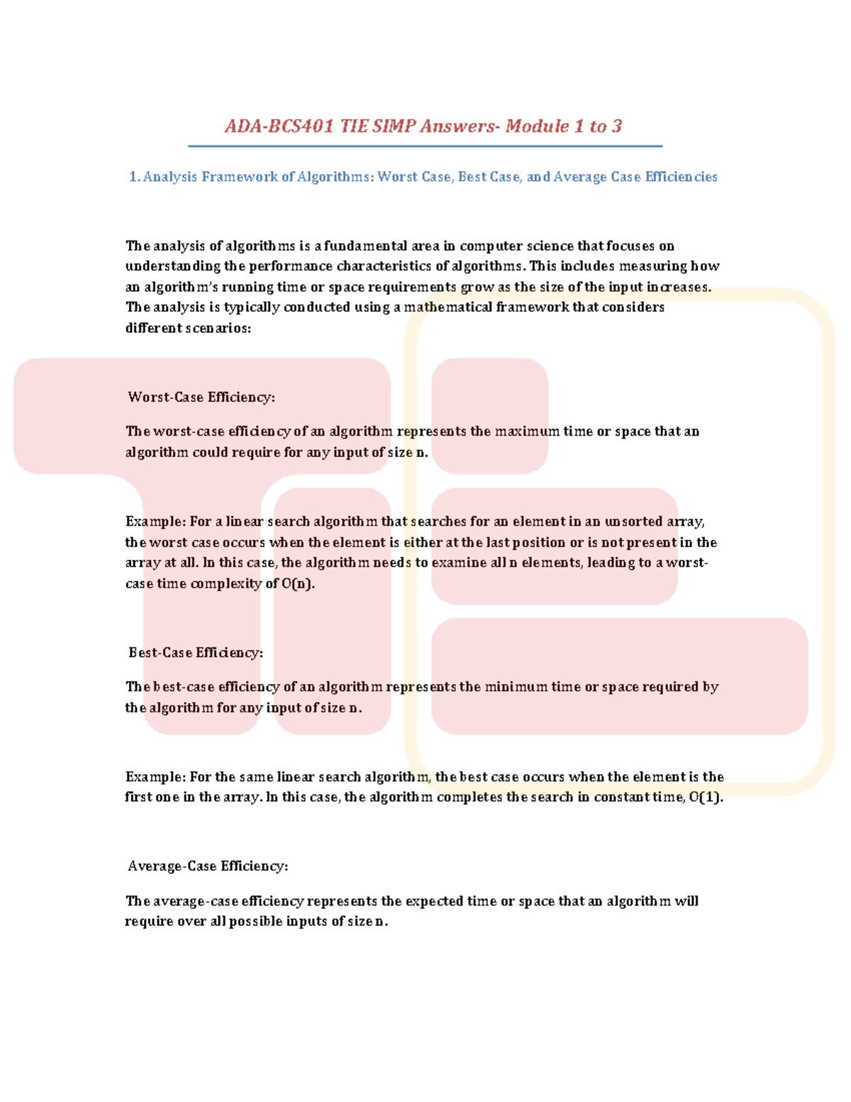 ADA Answers SIMP M1,2,3 - ADA-BCS401 TIE SIMP Answers- Module 1 to 3 Analysis Framework of - Studocu