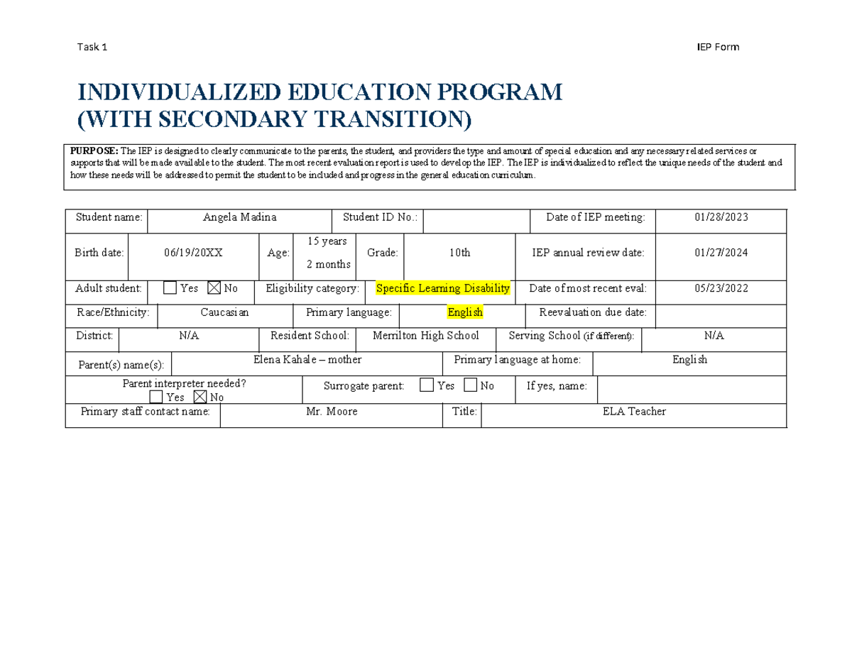 TASK 1 IEP creation - INDIVIDUALIZED EDUCATION PROGRAM (WITH SECONDARY ...