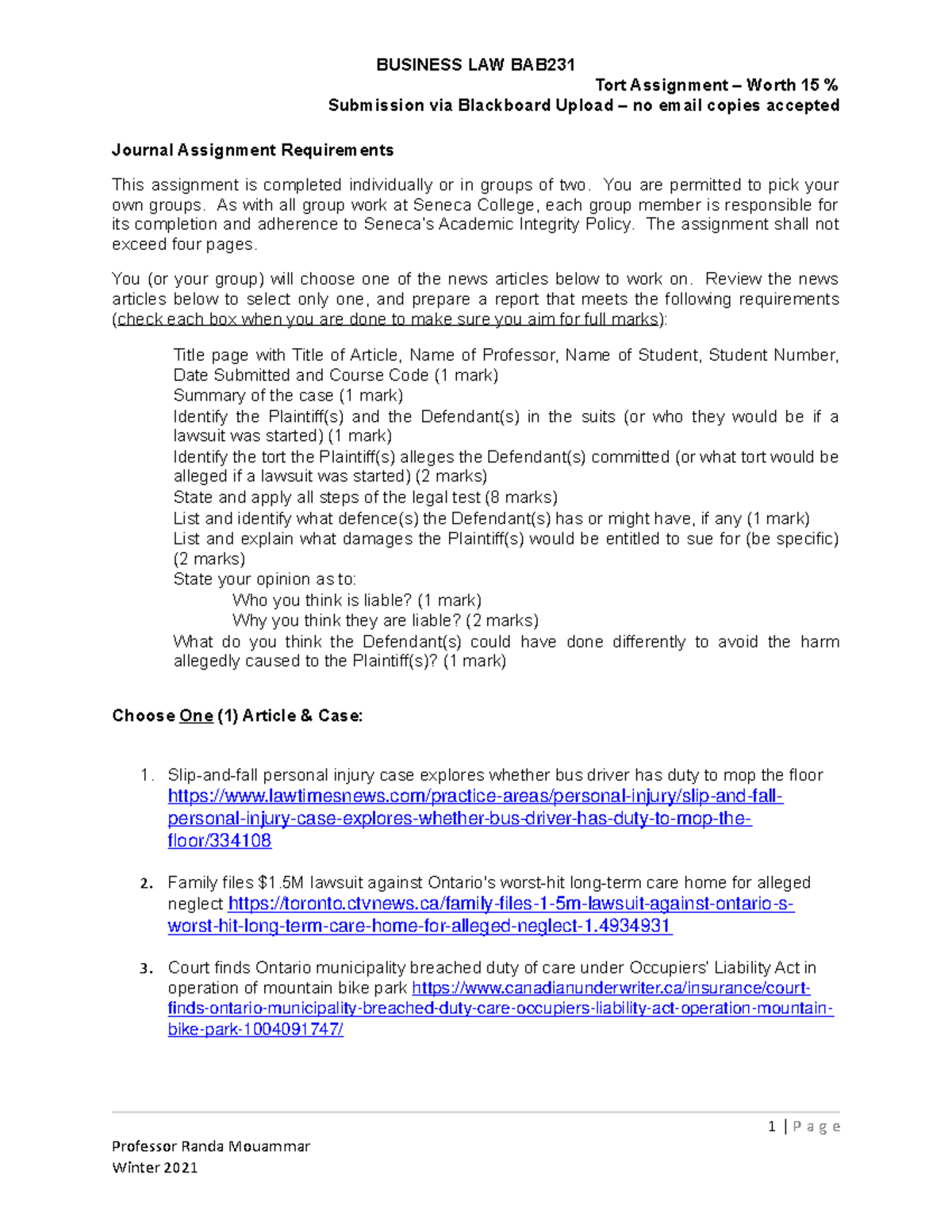 Assignment #1 - Tort Law Winter 2021 - BUSINESS LAW BAB Tort Assignment ...