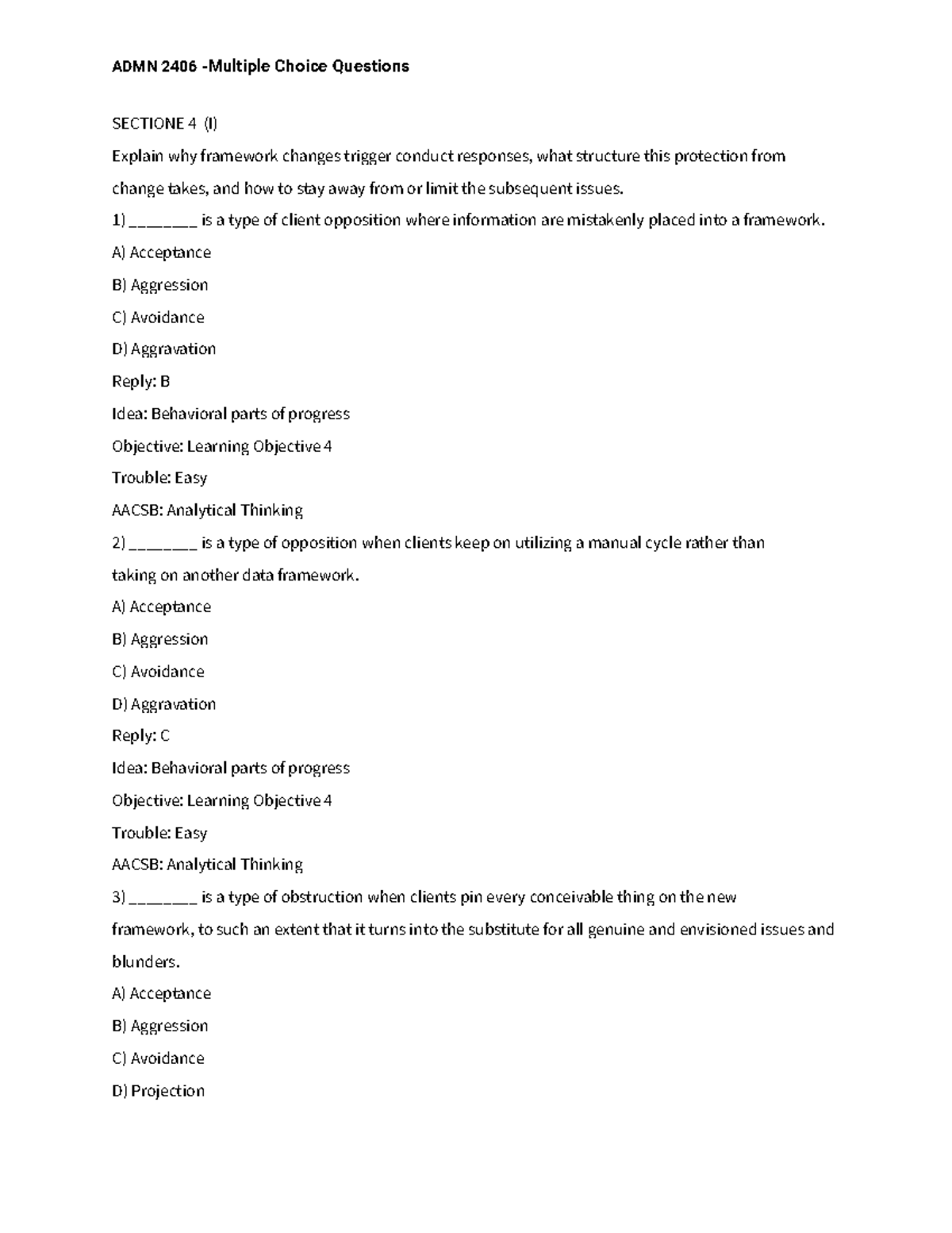 ADMN 2406 -Multiple Choice Questions Sectione 4 (I) - HESA 5335 - Dal ...