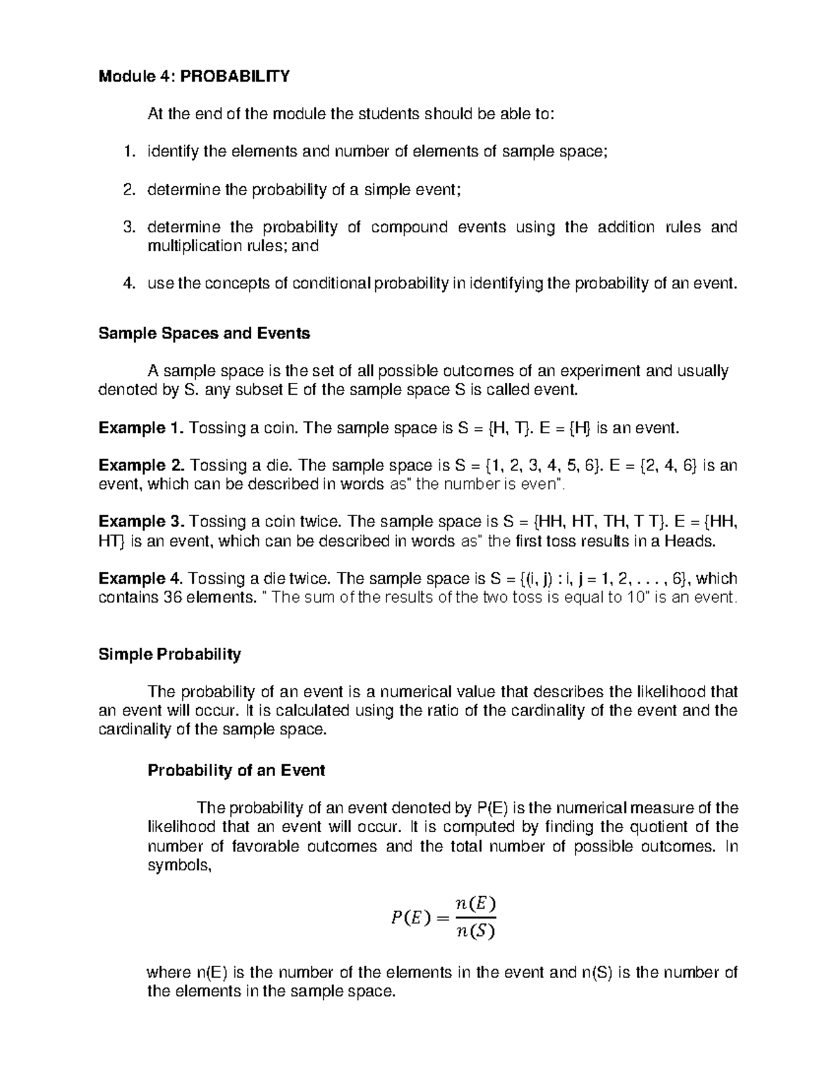 Module 4 - Lecture - Module 4 : PROBABILITY At the end of the module ...