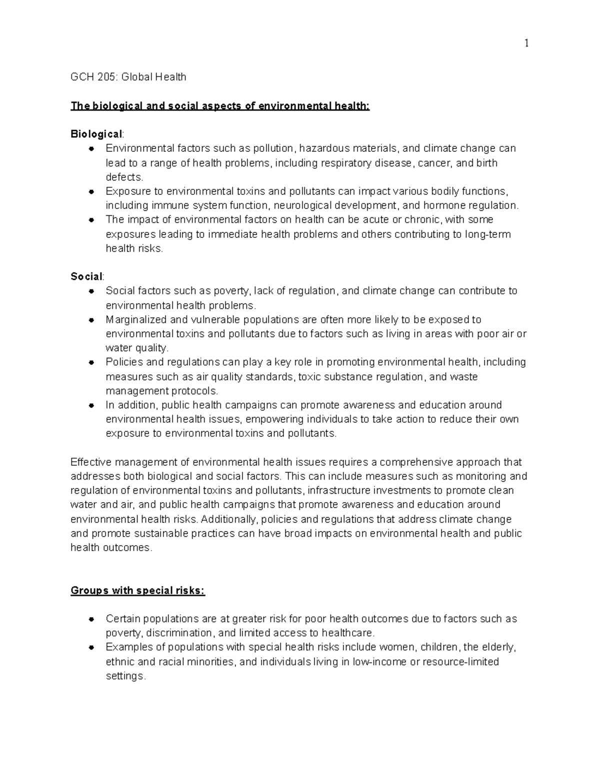 GCH 205 Environmental Health notes - GCH 205: Global Health The ...