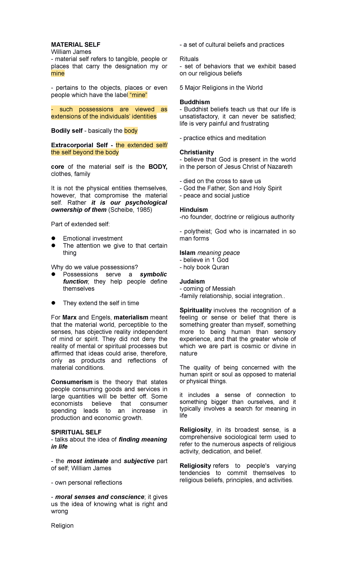 Feb 5 uts - Lecture notes 1 - MATERIAL SELF William James material self ...