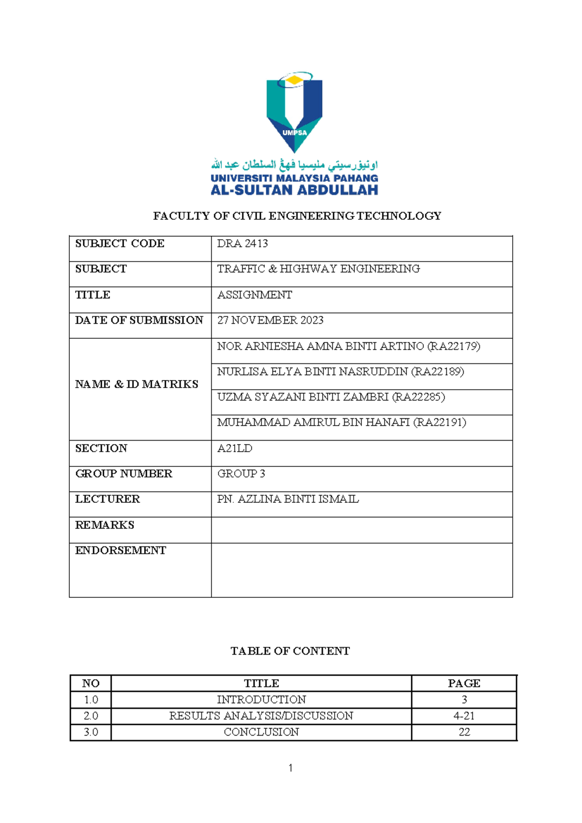 Assignment Traffic & Highway Engineering (DRA 2413) Group 3 - FACULTY ...