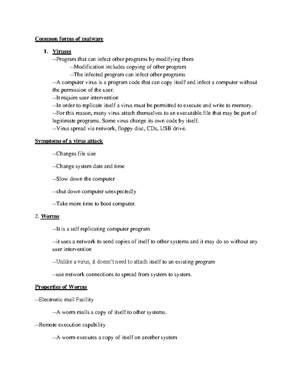 Malware - Lecture notes 2 - Common forms of malware 1. Viruses -Program ...