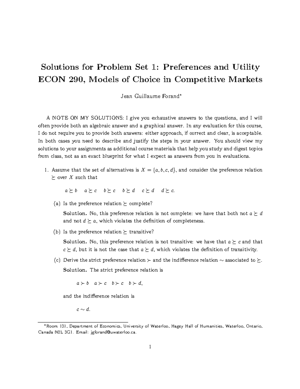 Sol-PS1_PS6-290 - Solutions for Problem Set 1: Preferences and Utility ECON 290, Models of ...
