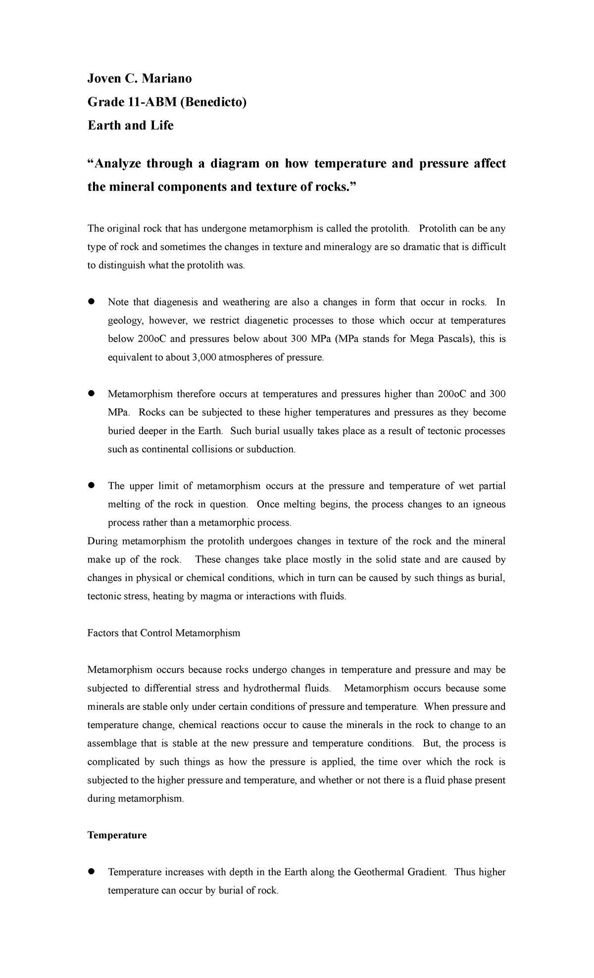 How temperature and pressure affect the mineral components and texture ...