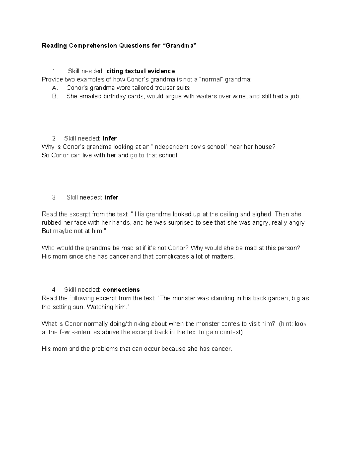 Reading Comprehension Questions for “Grandma” - Skill needed: citing ...