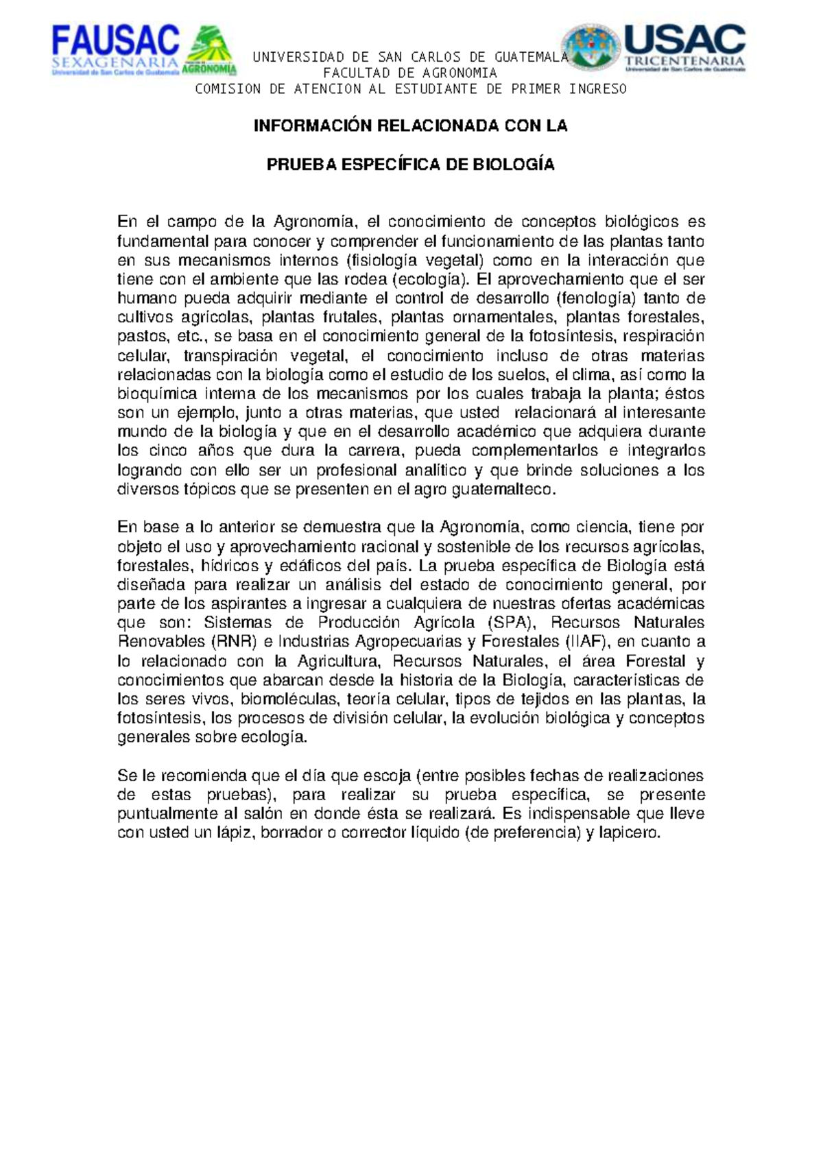 GUIA DE Estudio Prueba Especica DE Biologia Fausac 2016 - FACULTAD DE ...