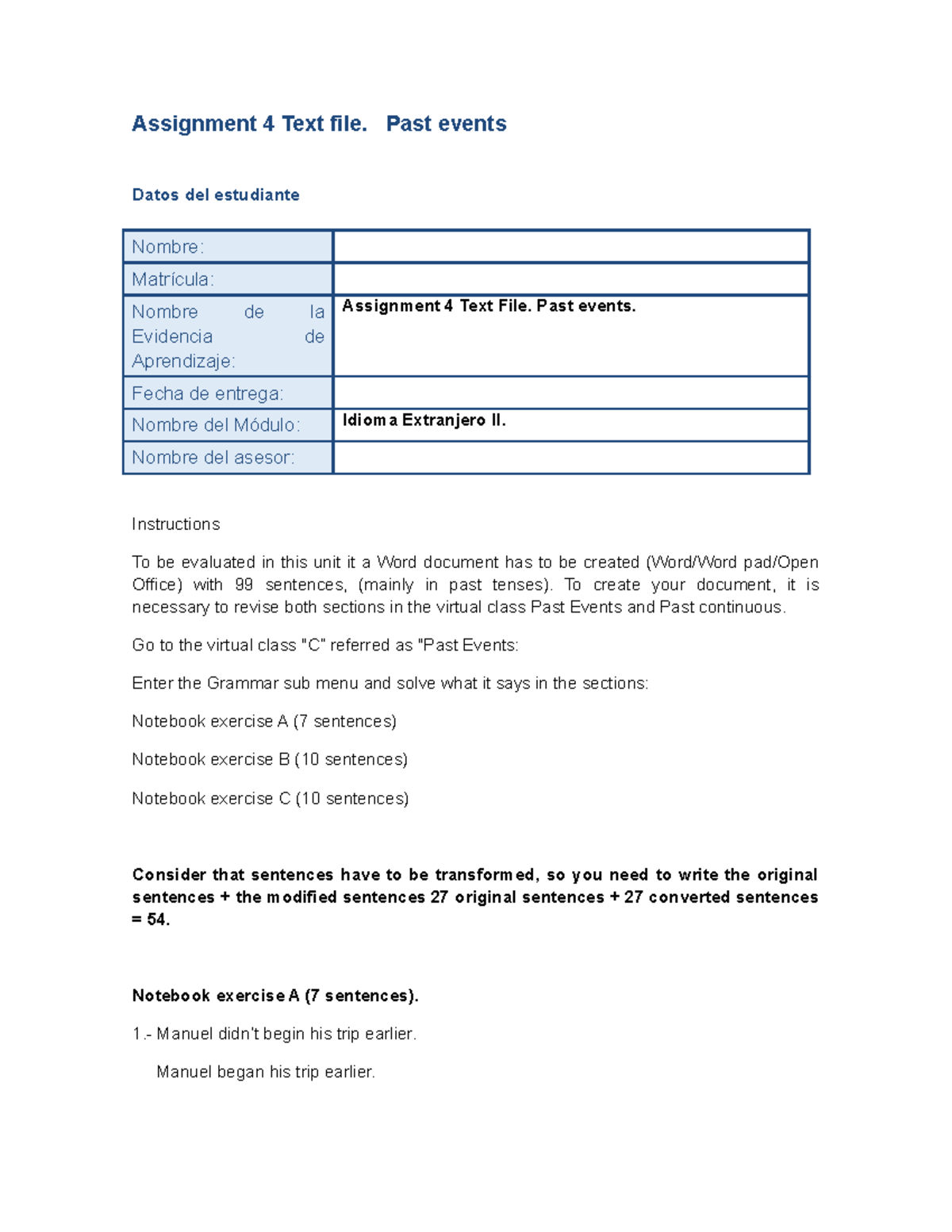 U2 sentences past practice - idioma extranjero II - UVEG - Studocu