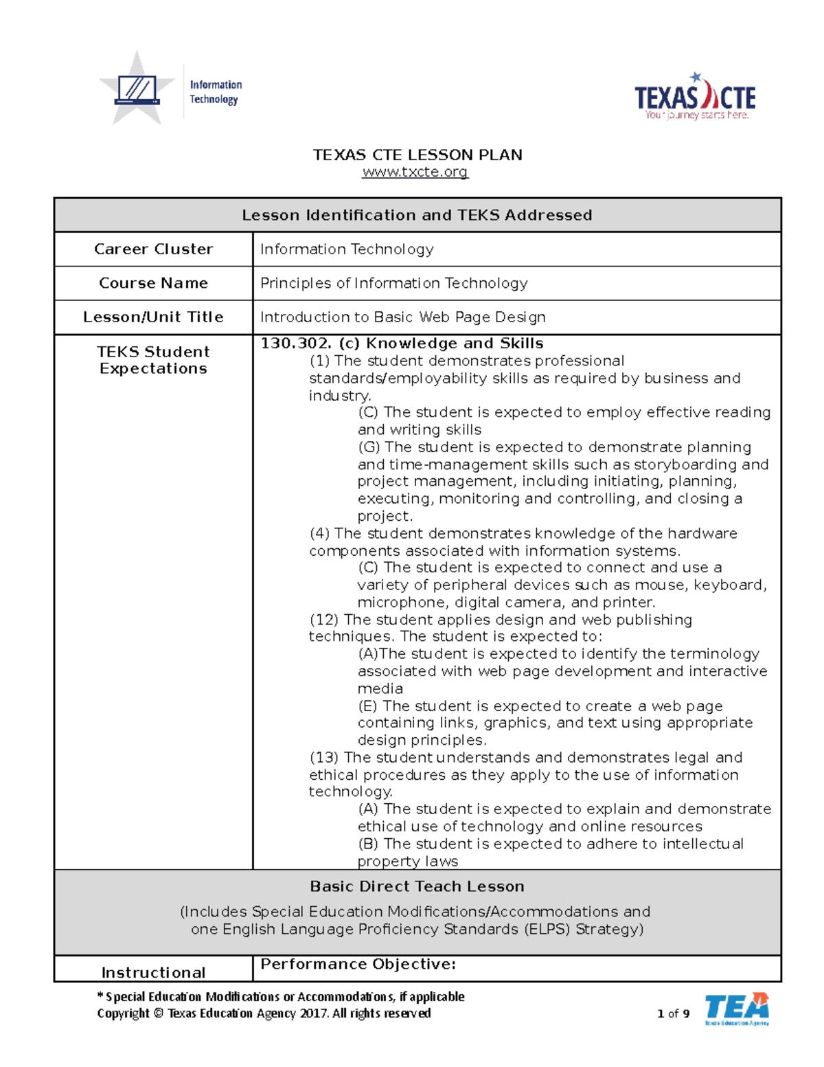 Lesson Plan Introduction to Basic Web Page Design 0 - TEXAS CTE LESSON ...