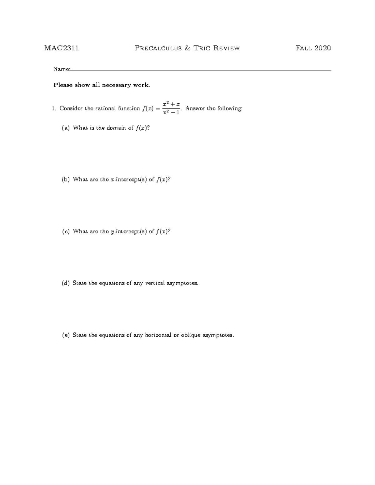 Practice Problems 1 - Cal1 - MAC2311 Precalculus & Trig Review Fall ...