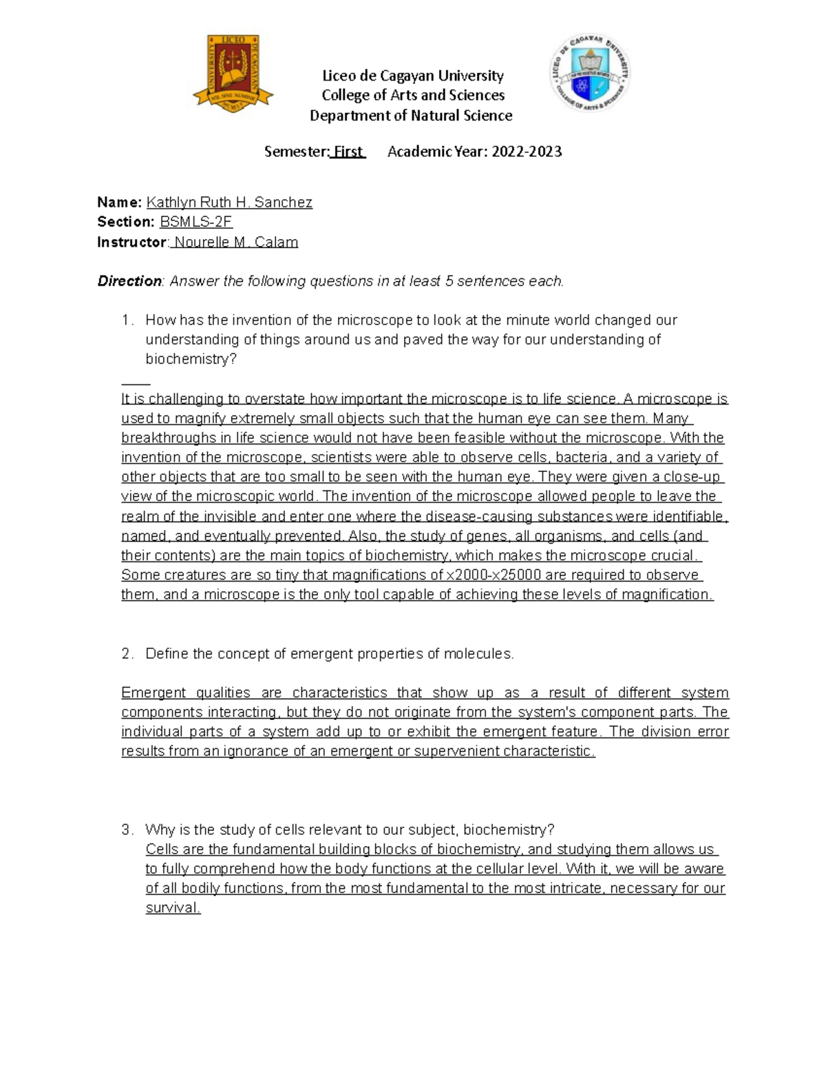 Kathlyn RUTH H. Sanchez - 1st Assessment in Biochemistry - Liceo de ...